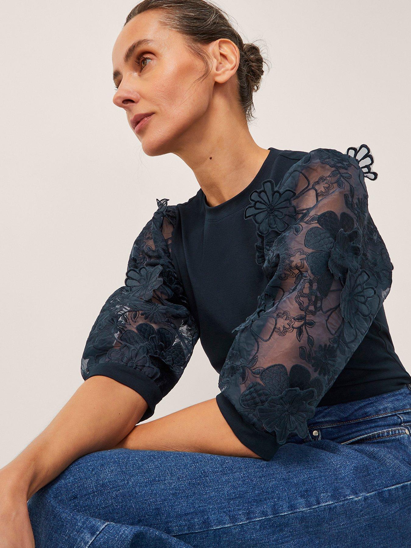 Monsoon Fi Fabric Mix Top - Navy | Very