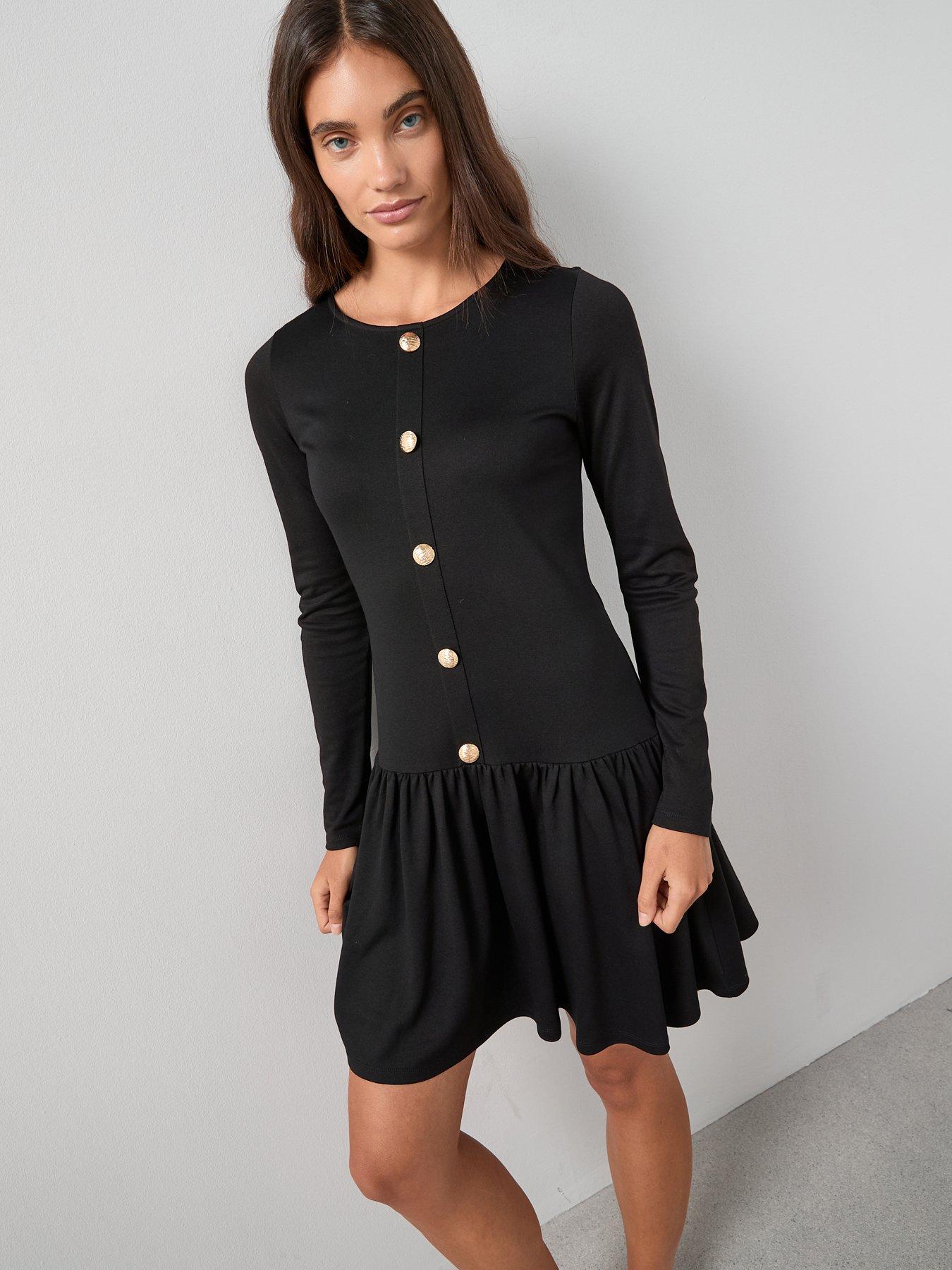 The Very Collection Drop Waist Button Detail Mini Dress - Black | Very