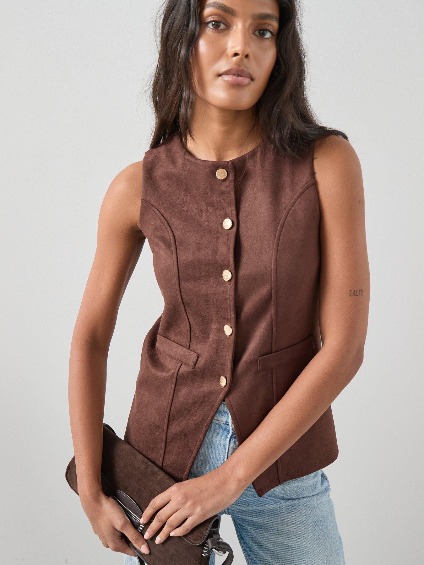 The Very Collection Faux Suede Longline Waistcoat Top - Brown | Very