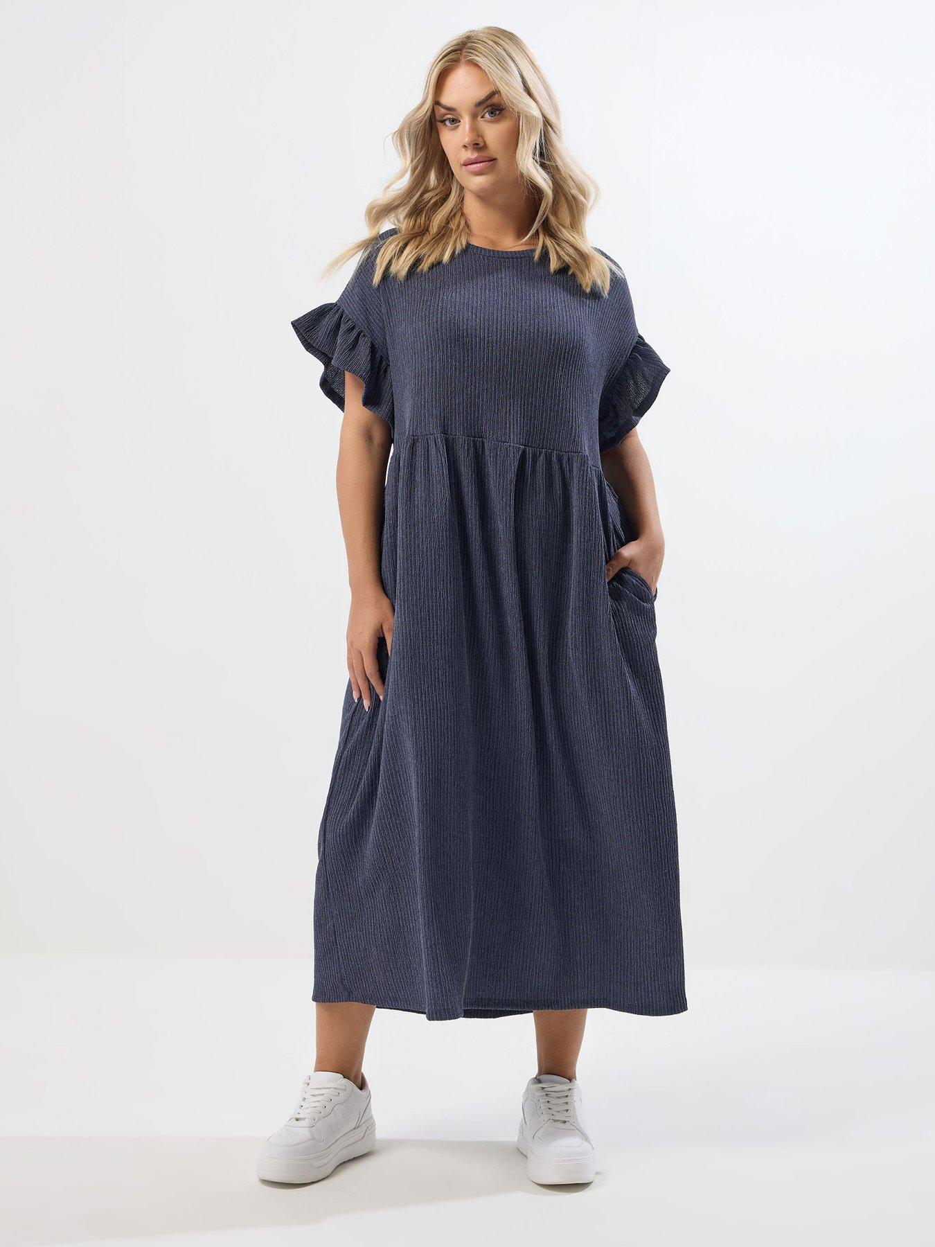 Yours Curve Jersey Frill Texture Dress - Blue | Very