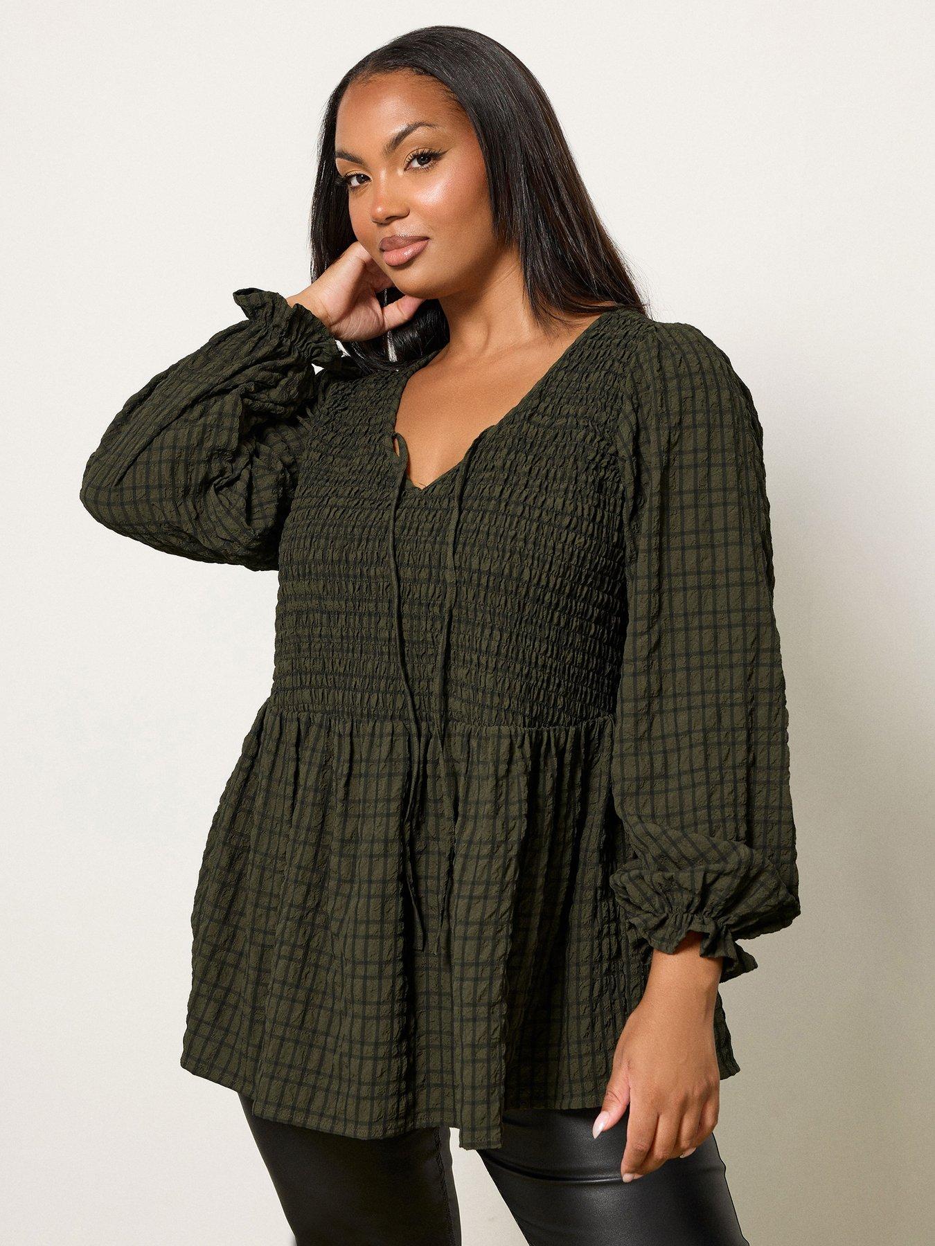 Yours Curve Textured Check Peplum Top - Green | Very