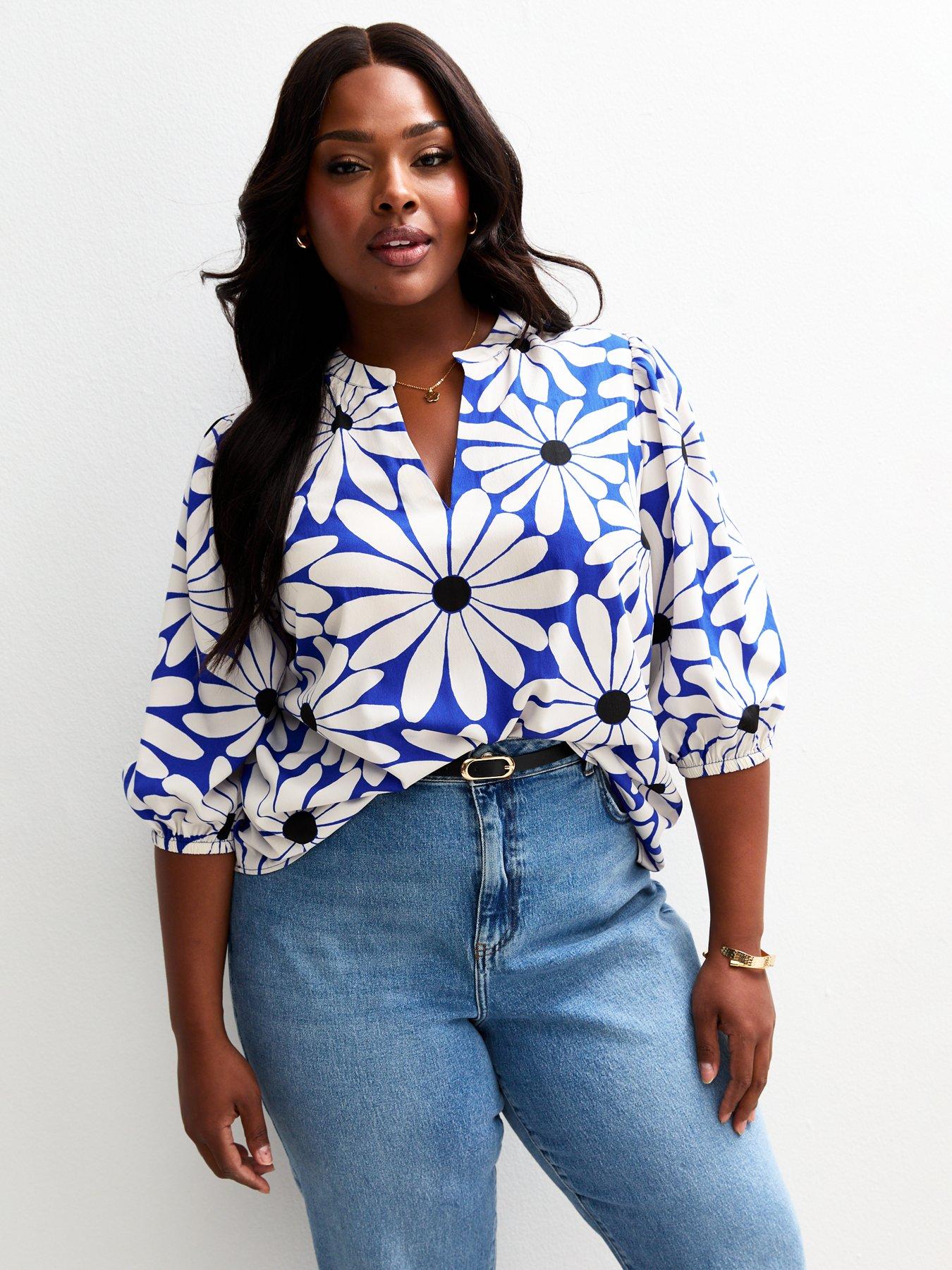 New Look Curves Blue Floral Print Top | Very