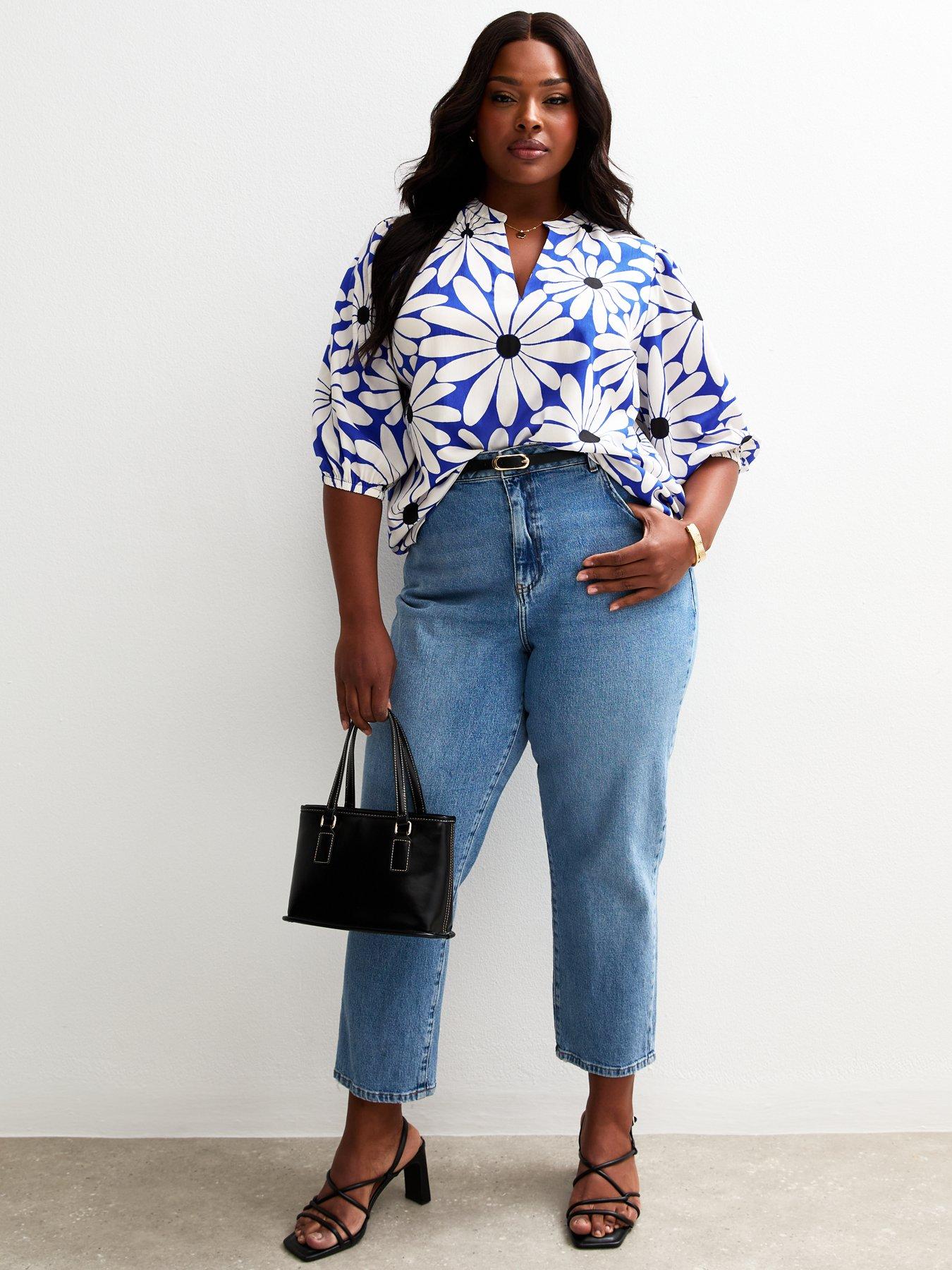 New Look Curves Blue Floral Print Top | Very