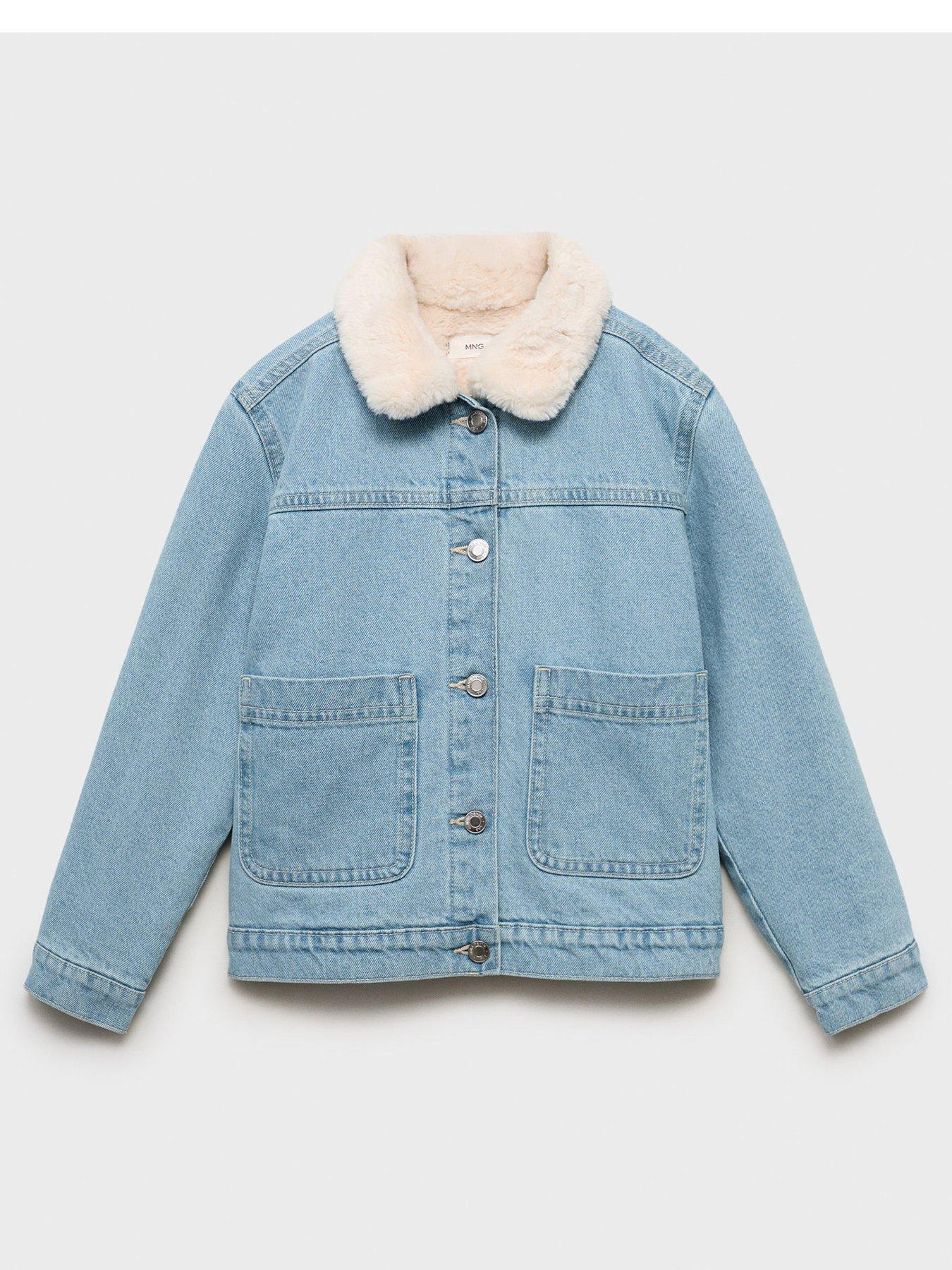 Mango Girls Faux Fur Collar Denim Jacket - Blue | Very