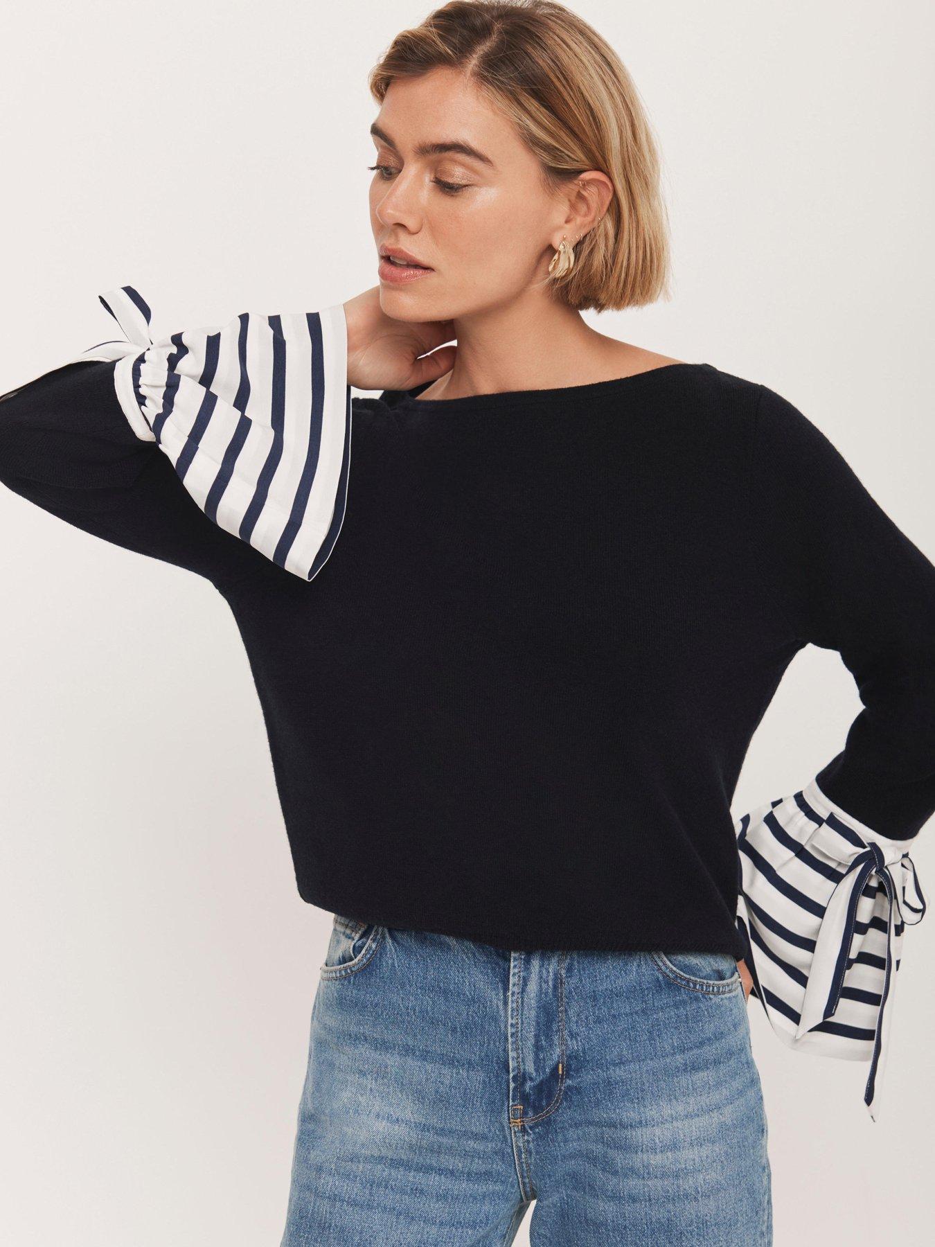 Mint Velvet Navy Woven Stripe Cuff Jumper - Blue | Very