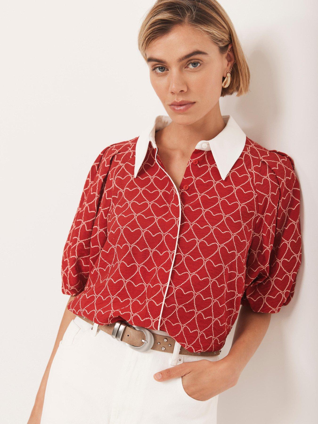 Mint Velvet Heart Print Puff Sleeve Shirt - Red | Very