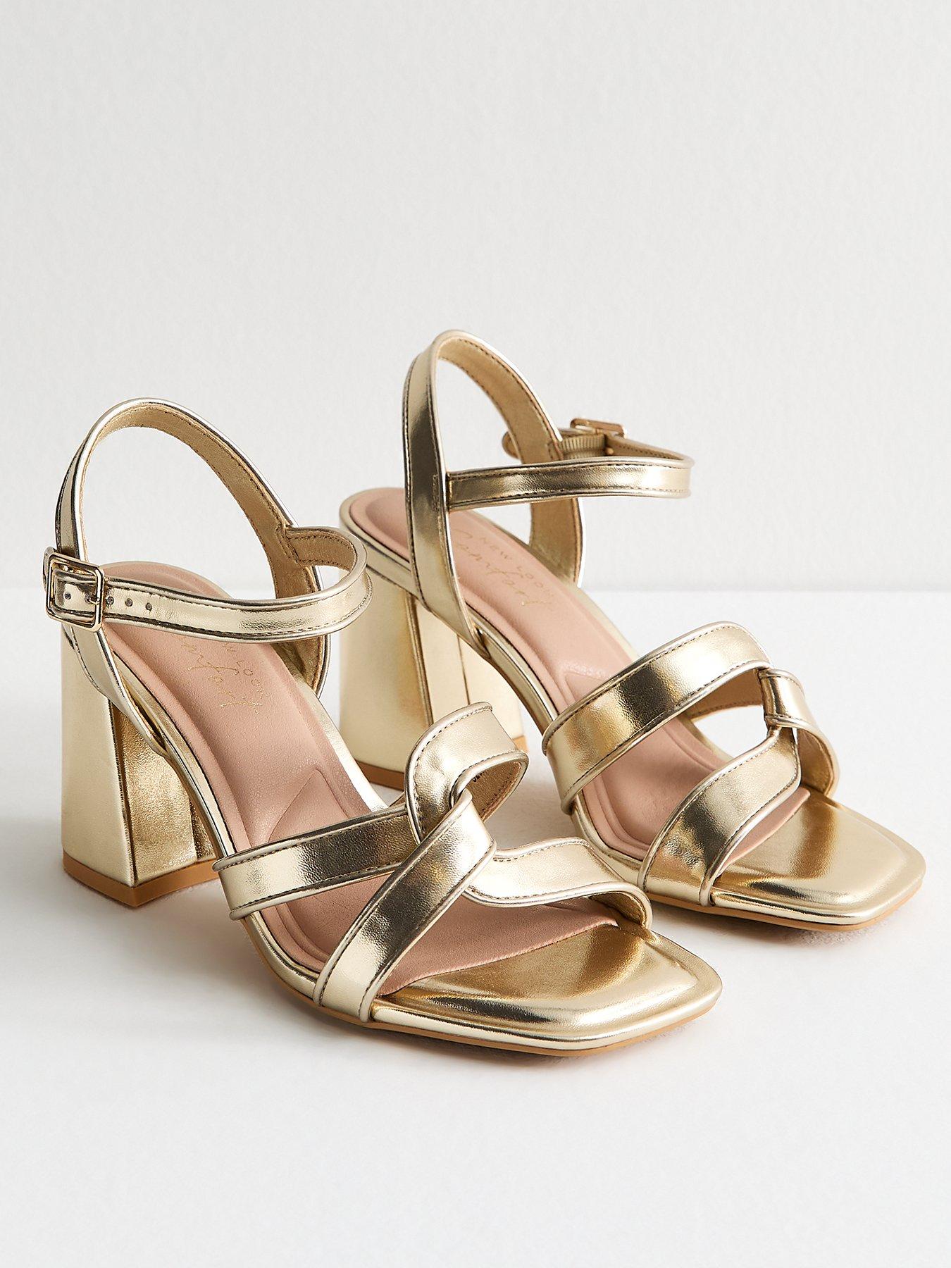 New Look Wide Fit Gold Metallic Twist Strap Block Heel Sandals | Very