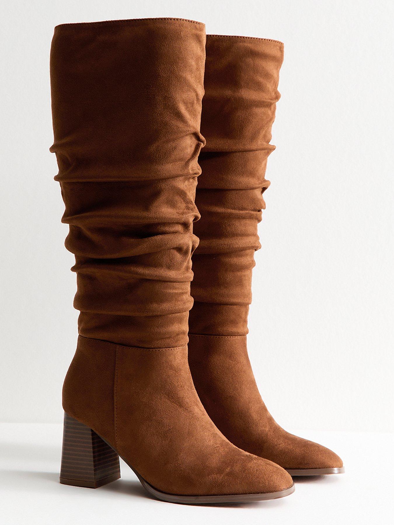 New Look Faux Suede Ruched Knee High Boots - Brown Tan | Very