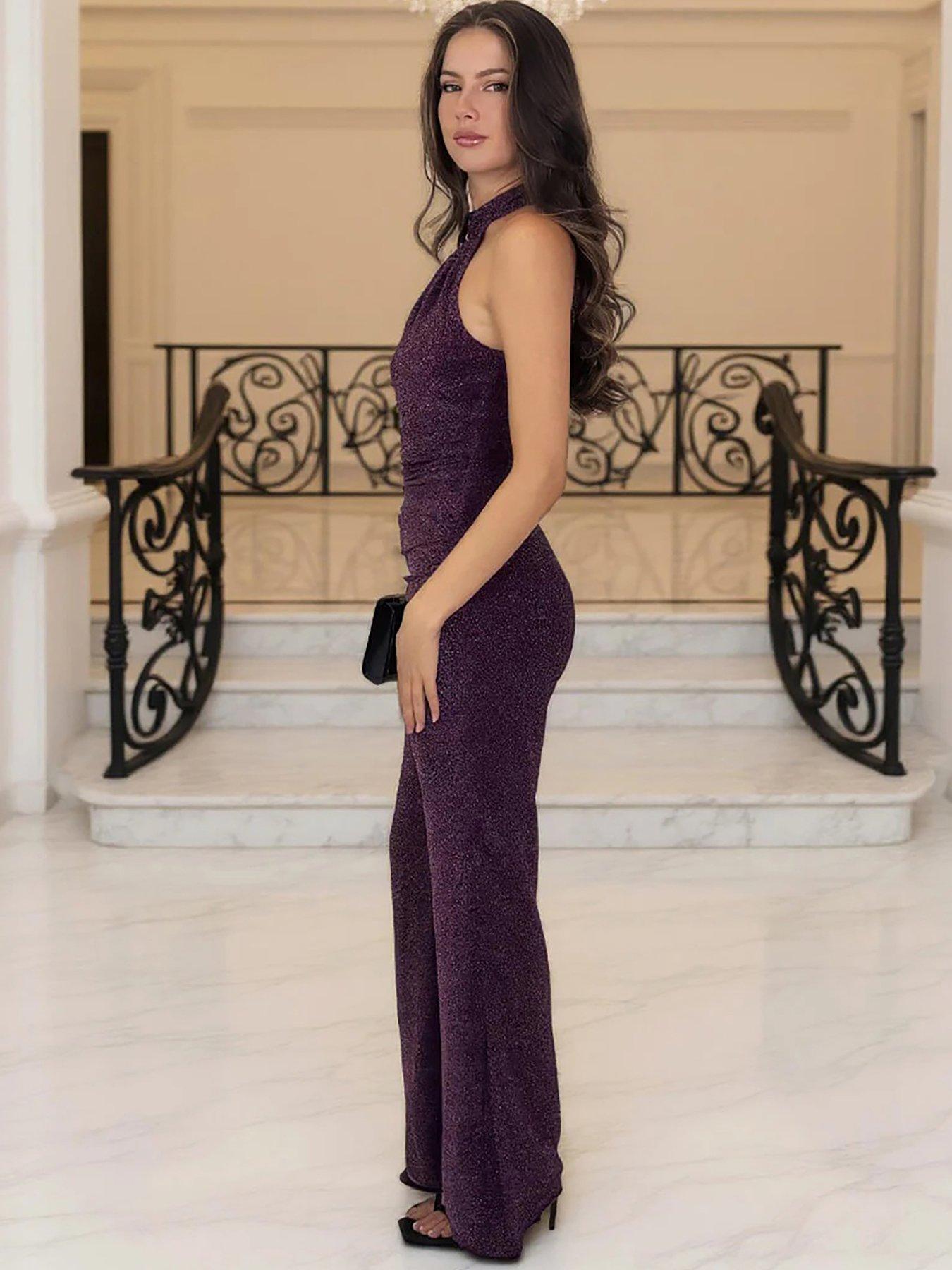 AX Paris Sparkle Halter Neck Draped Waist Jumpsuit - Purple | Very
