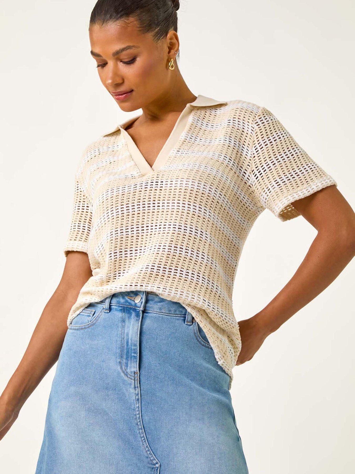 Roman Stripe Crochet Collar Knit Top - Beige | Very