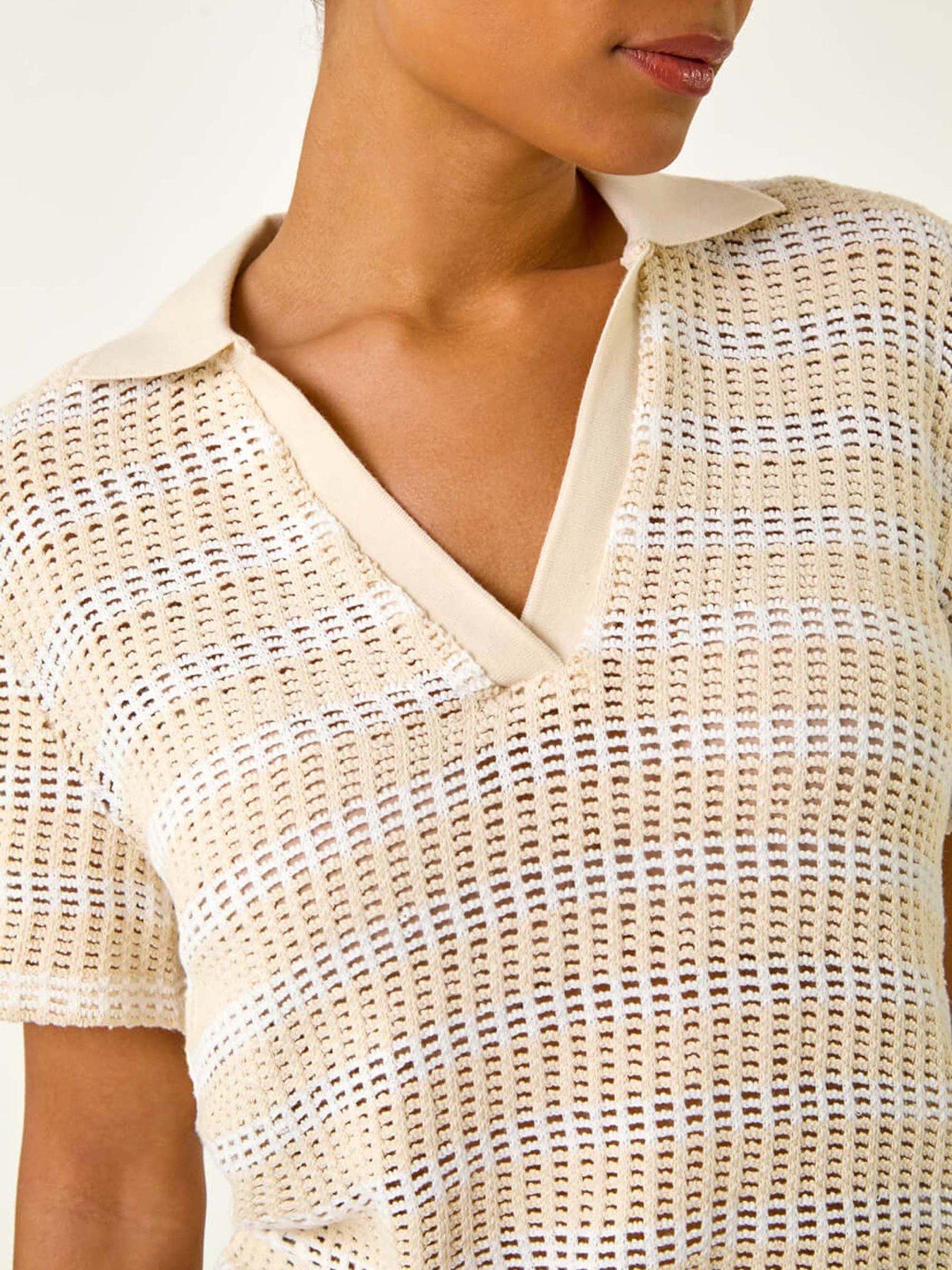 Roman Stripe Crochet Collar Knit Top - Beige | Very