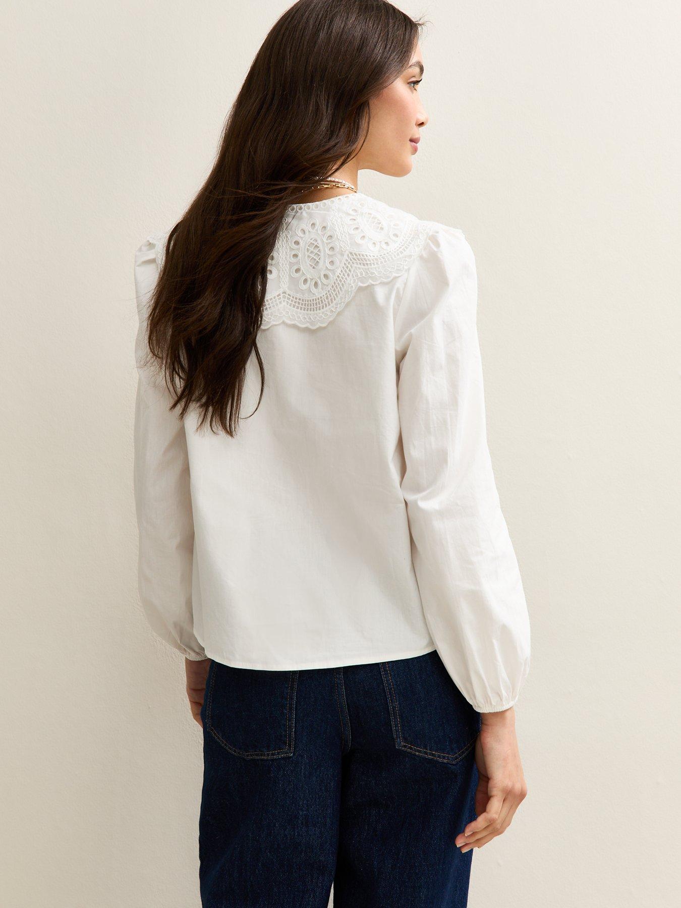 New Look Embroidered Scallop Collar Long Sleeve Shirt - White | Very
