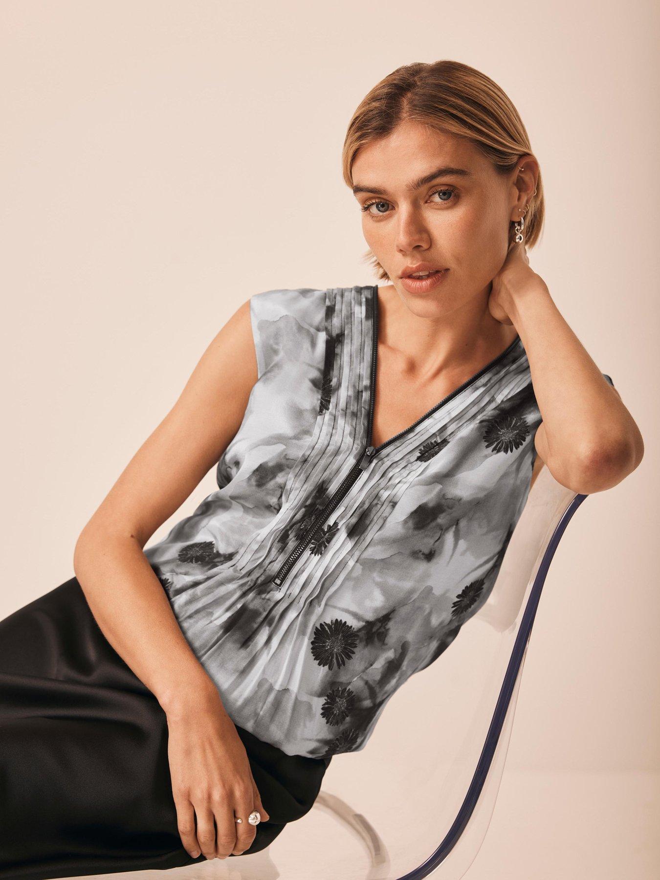 Mint Velvet Abstract Print Zip Top - Grey | Very