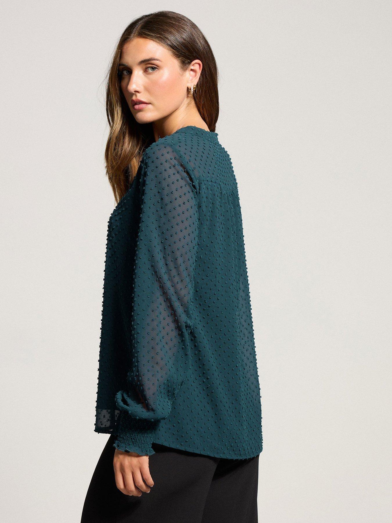 Long Tall Sally Dobby Spot Shirred Cuff Top - Teal Green | Very