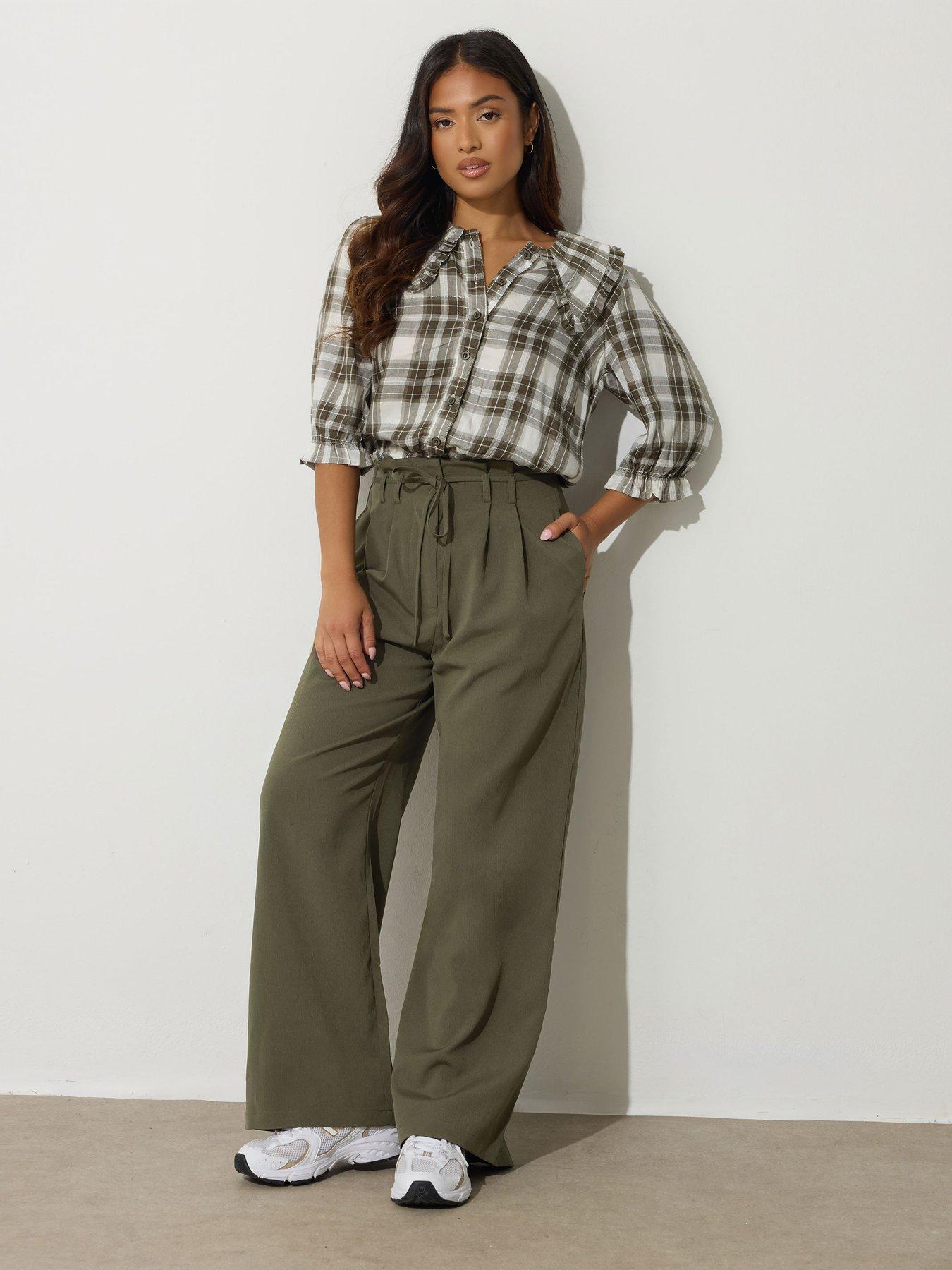 PixieGirl Petite Paper Bag Tie Waist Wide Leg Trouser - Green | Very