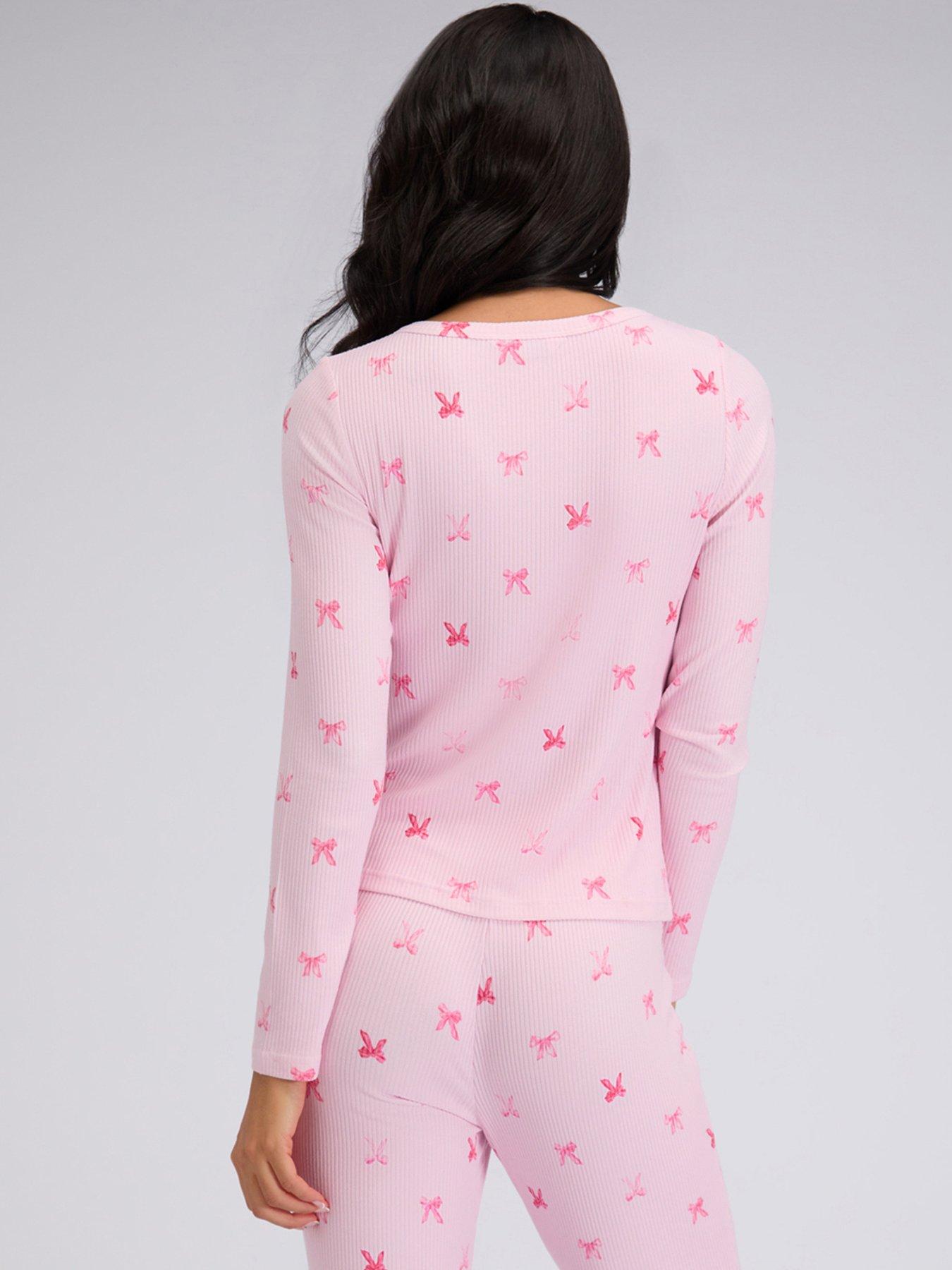 Boux Avenue Bow Rib Henley Pyjama Set - Pink | Very