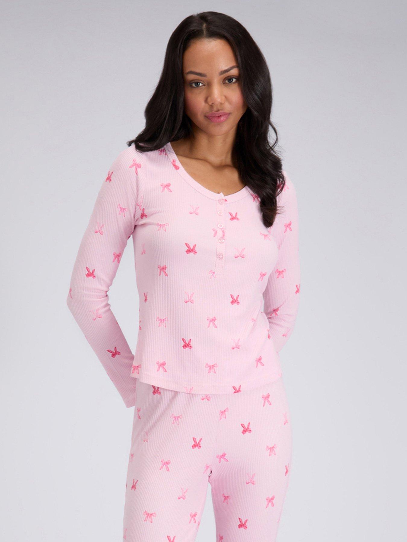 Boux Avenue Bow Rib Henley Pyjama Set - Pink | Very
