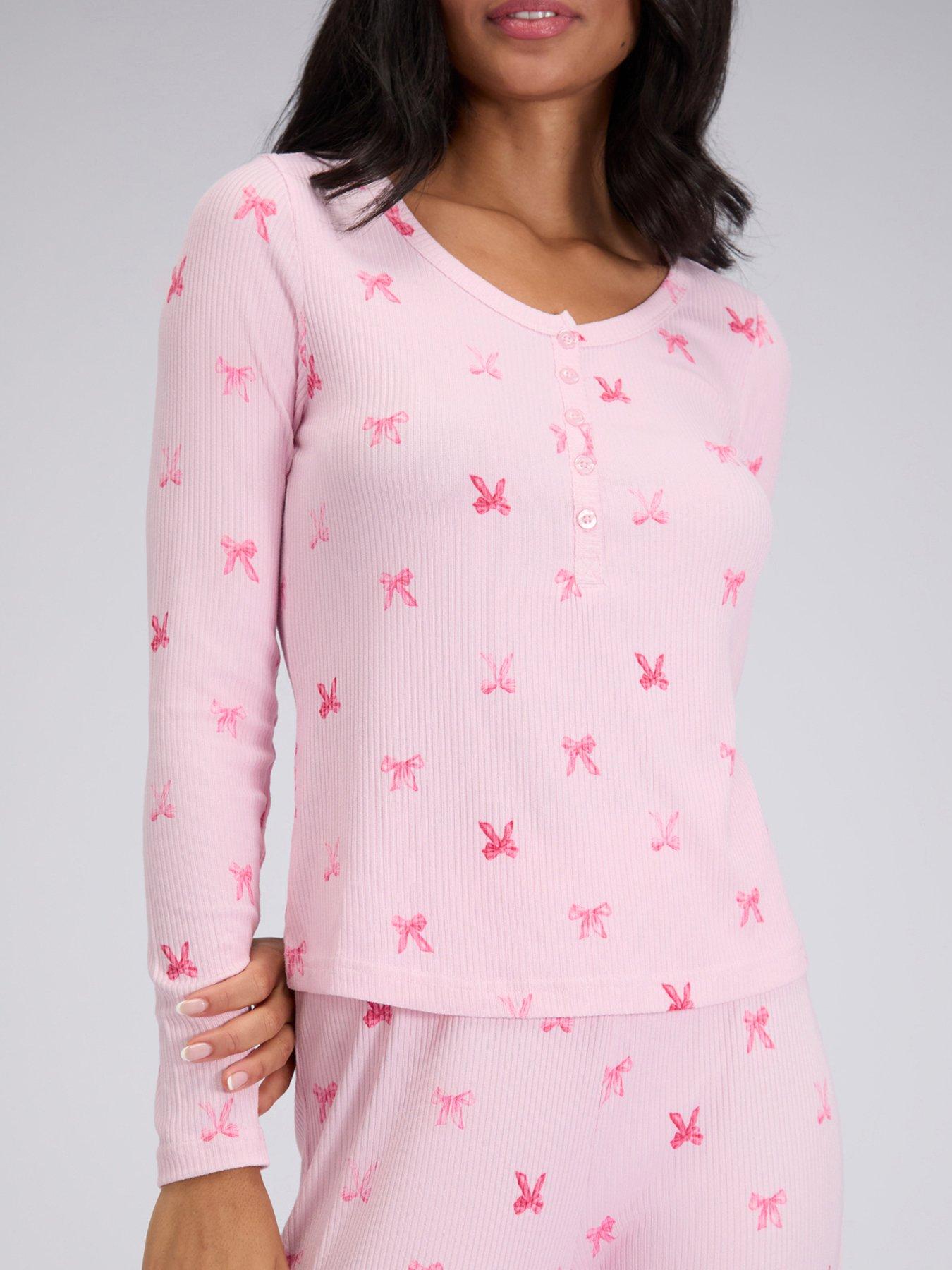 Boux Avenue Bow Rib Henley Pyjama Set - Pink | Very