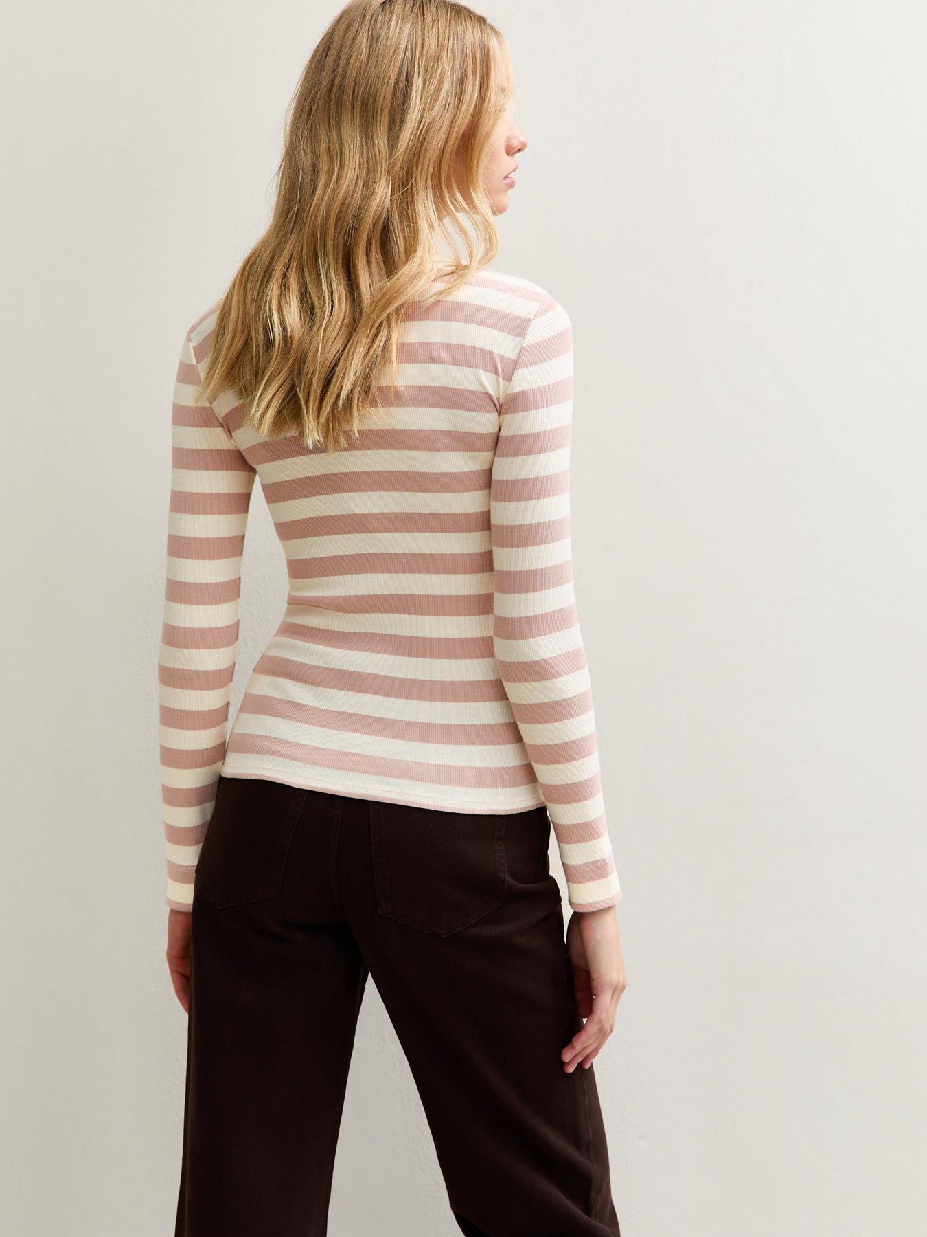 New Look Cream Striped Long Sleeve Ribbed Crew Neck Top | Very