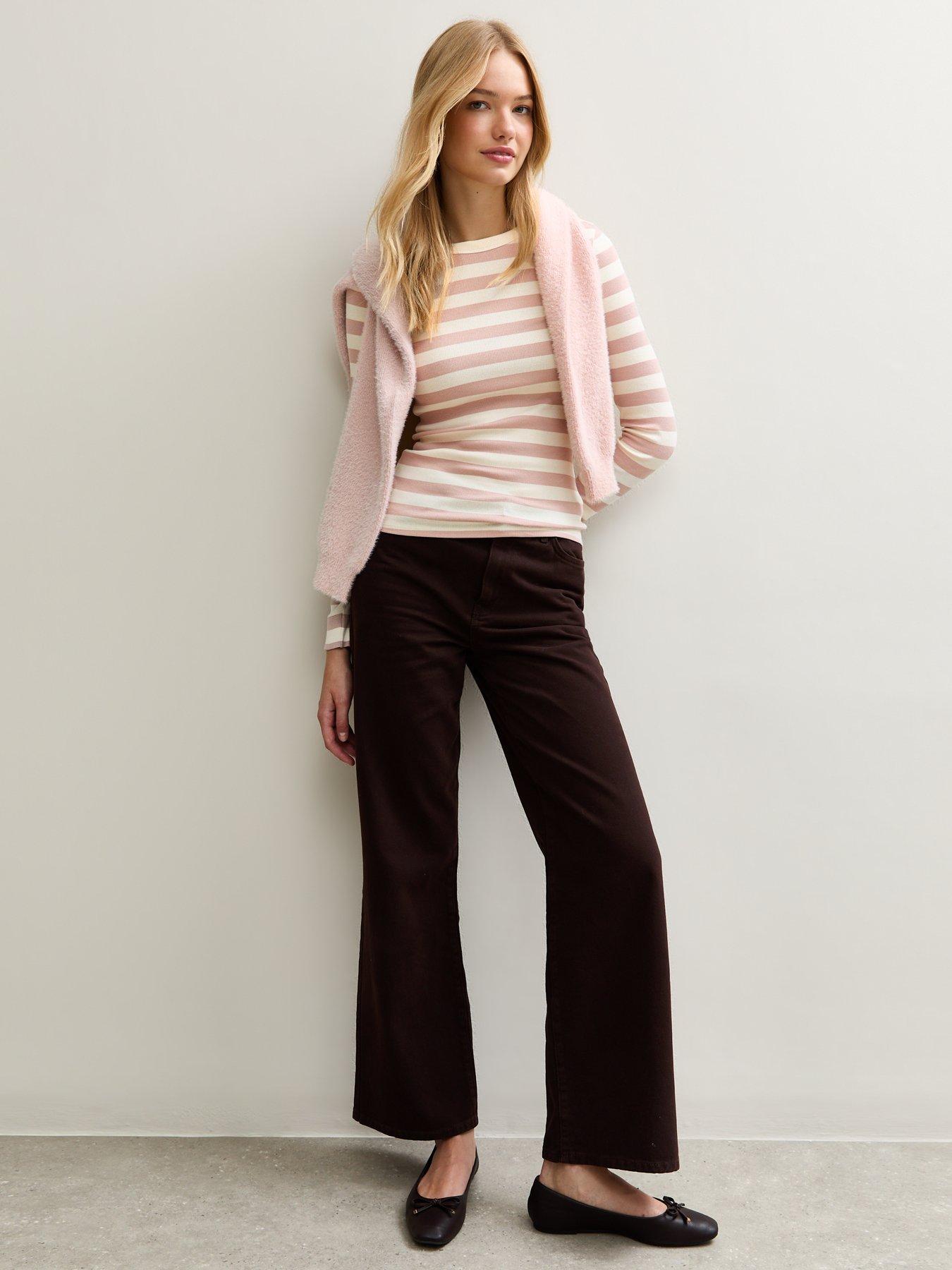 New Look Cream Striped Long Sleeve Ribbed Crew Neck Top | Very