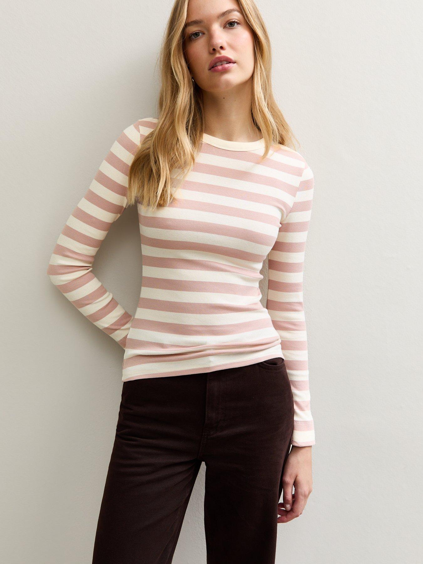 New Look Cream Striped Long Sleeve Ribbed Crew Neck Top | Very