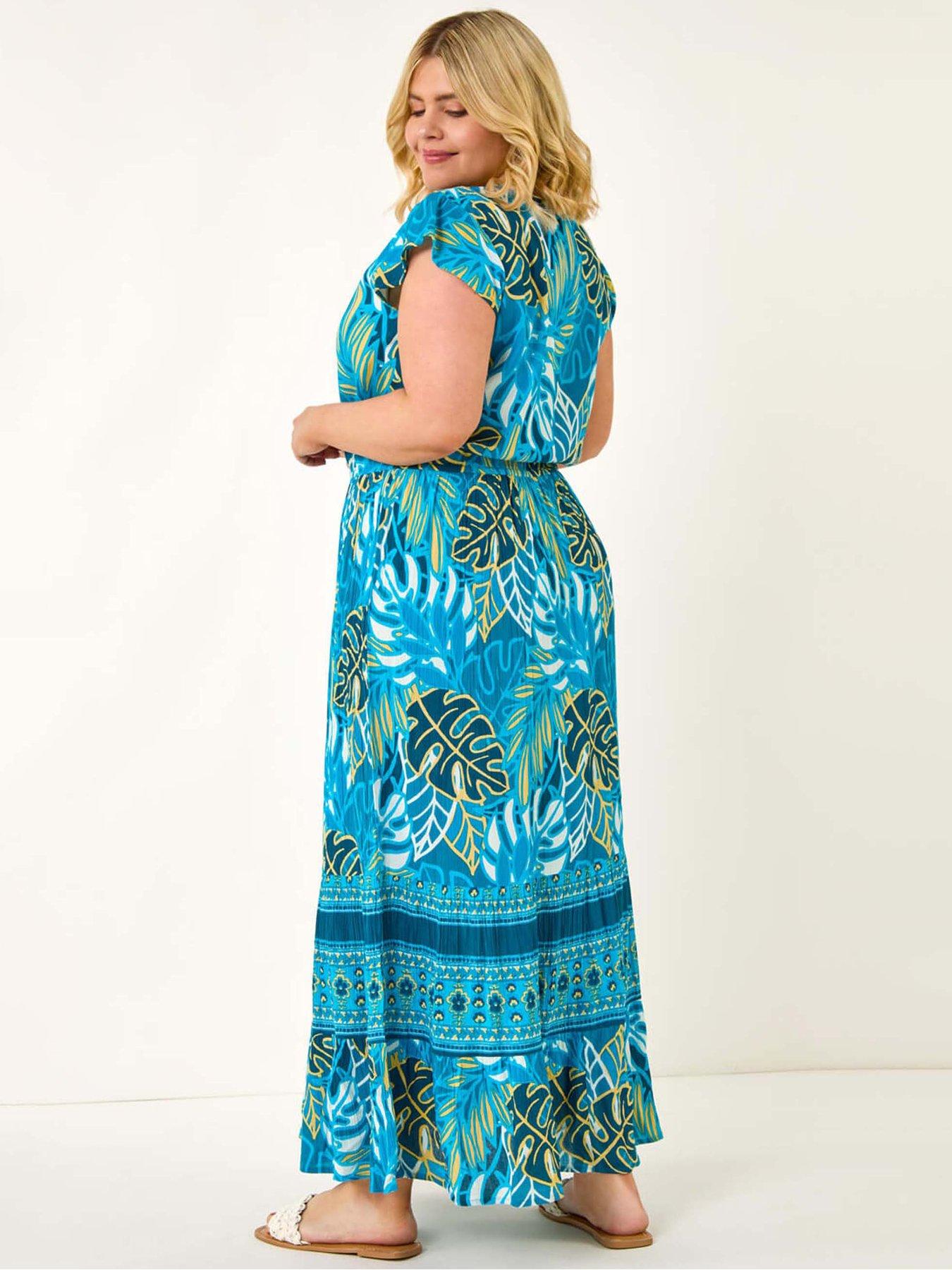 Roman Curve Tropical Tie Neck Dress - Blue | Very