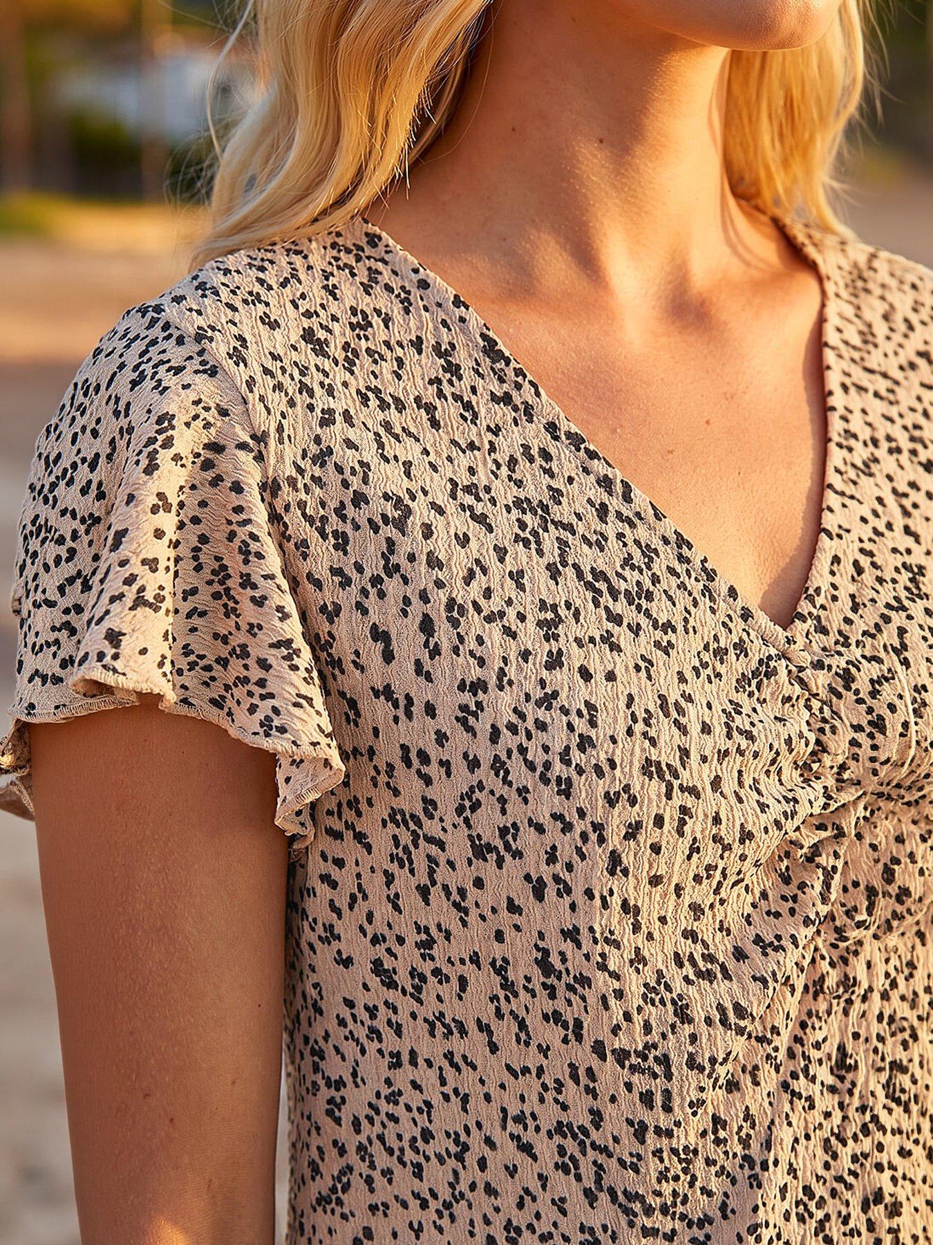 Roman Print Ruched Frill Sleeve Top - Beige | Very