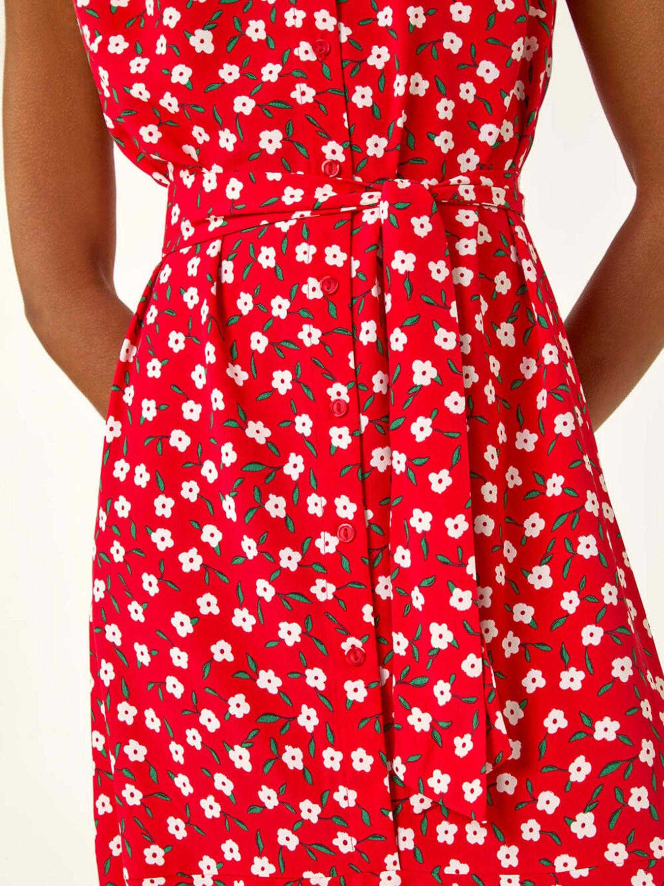 Roman Floral Frill Buttoned Dress - Red | Very