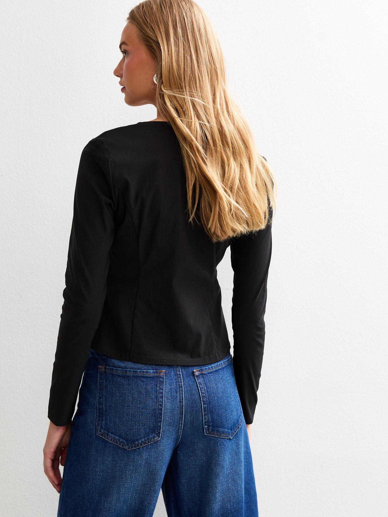 New Look Square Neck Button Up Long Sleeve Top - Black | Very