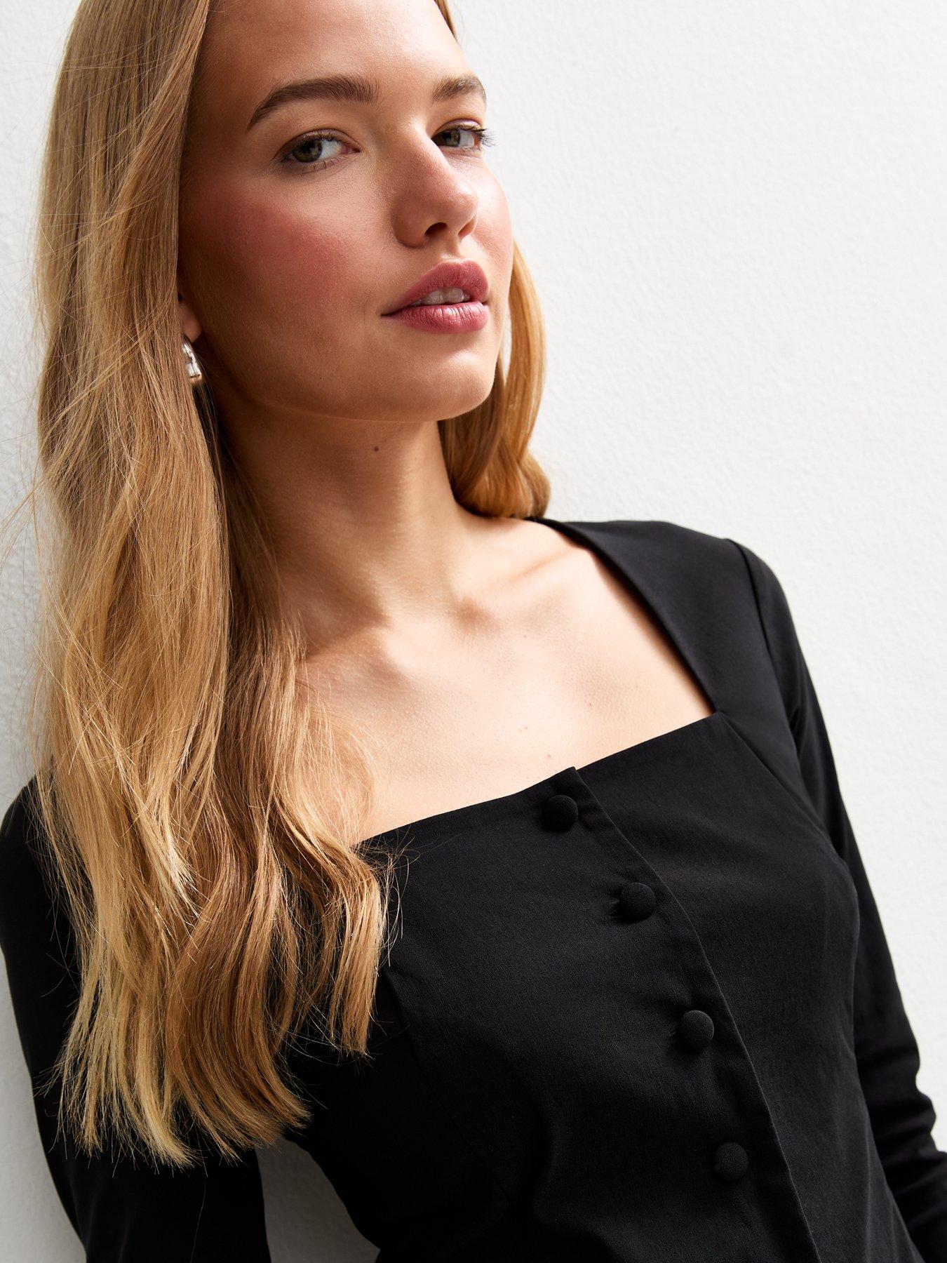 New Look Square Neck Button Up Long Sleeve Top - Black | Very