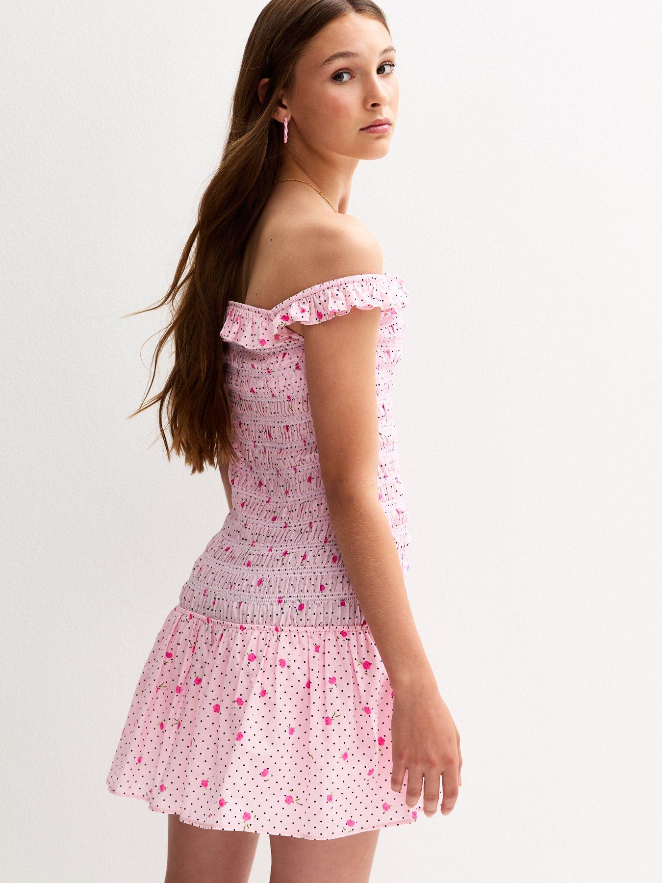 New Look 915 Girls Shirred Spotty Floral Print Mini Dress - Pink | Very
