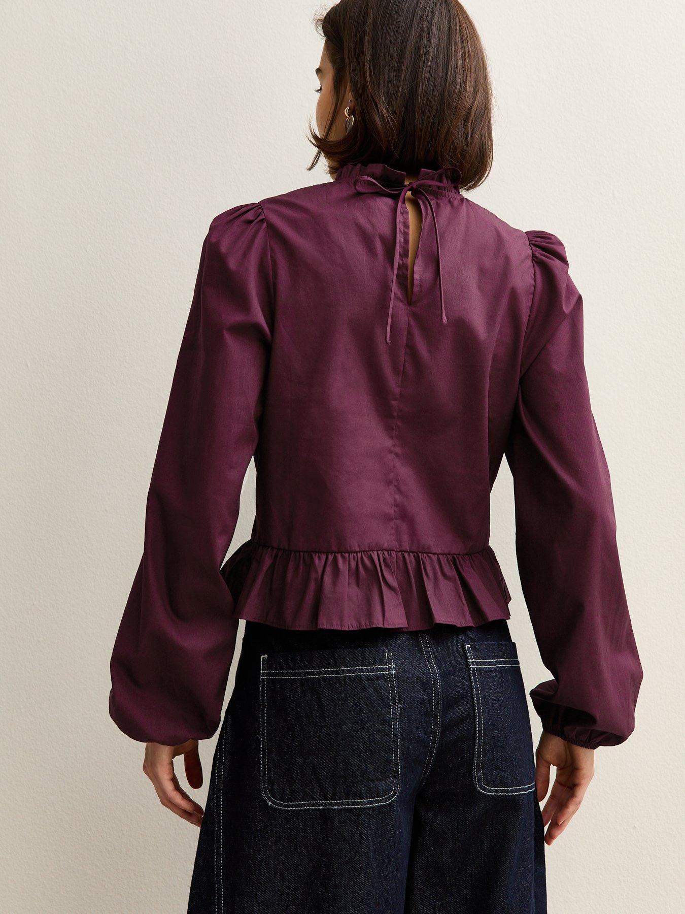New Look Cotton Ruffled Collar Long Sleeve Top - Burgundy | Very