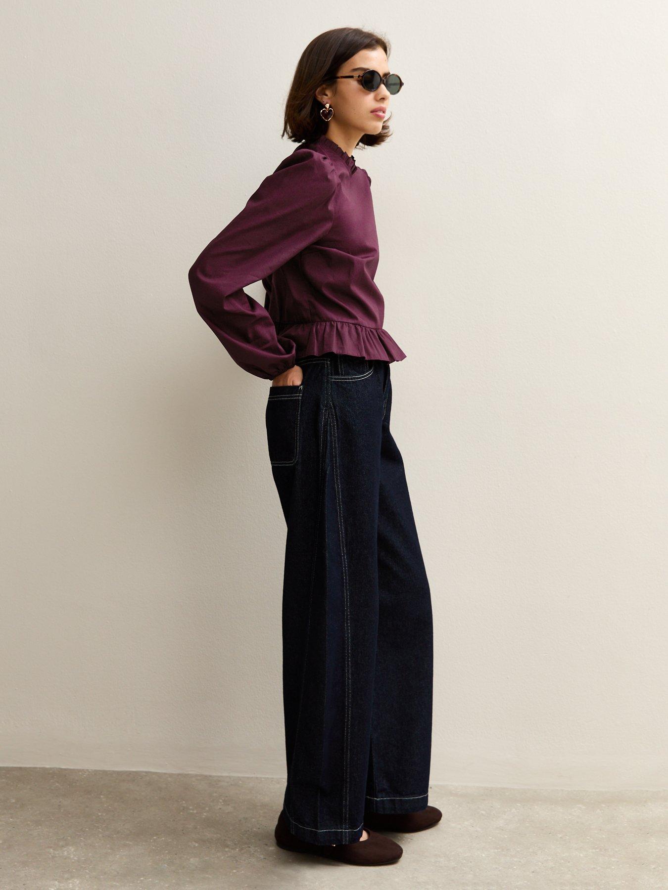 New Look Cotton Ruffled Collar Long Sleeve Top - Burgundy | Very