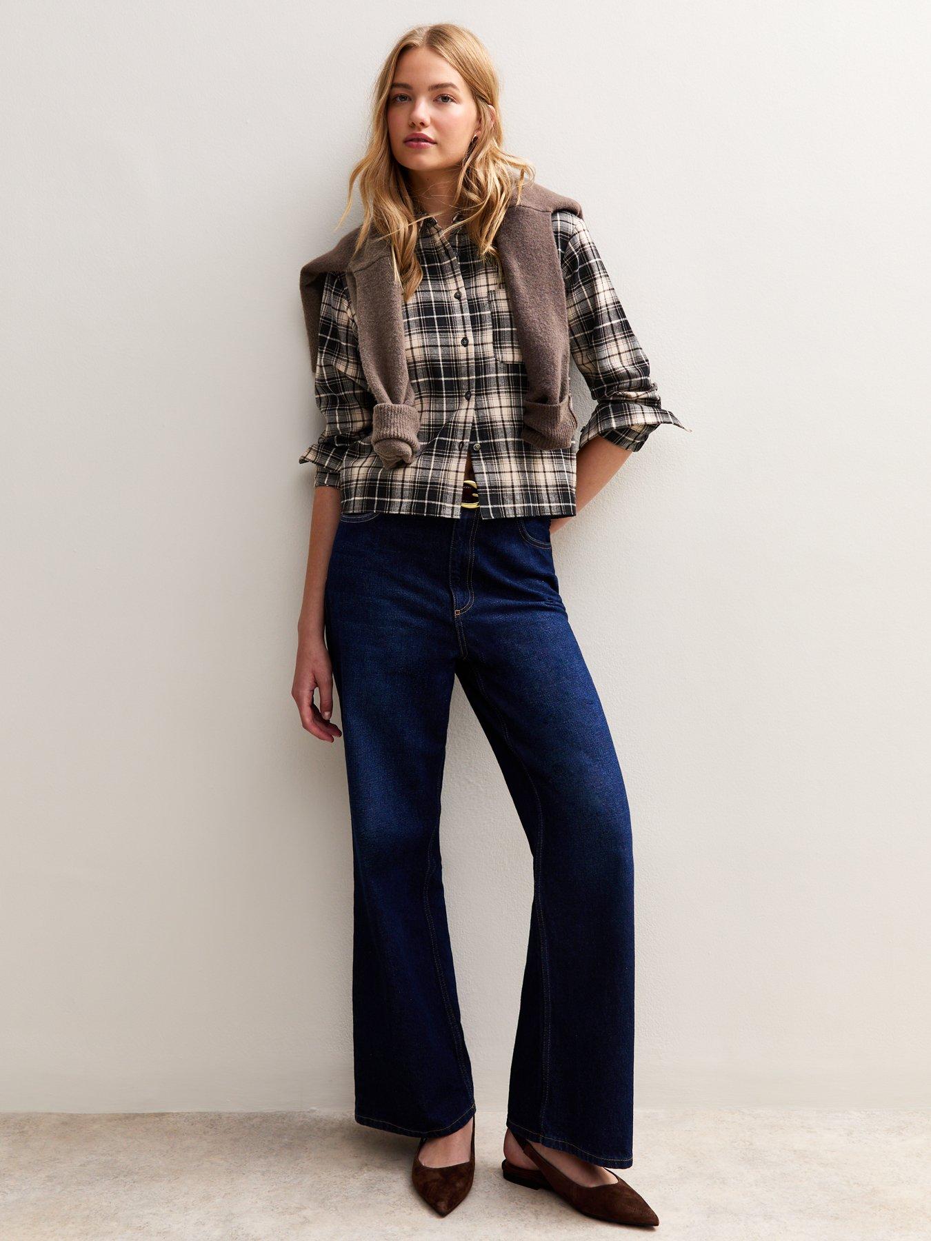 New Look Check Print Long Sleeve Cropped Shirt - Black | Very