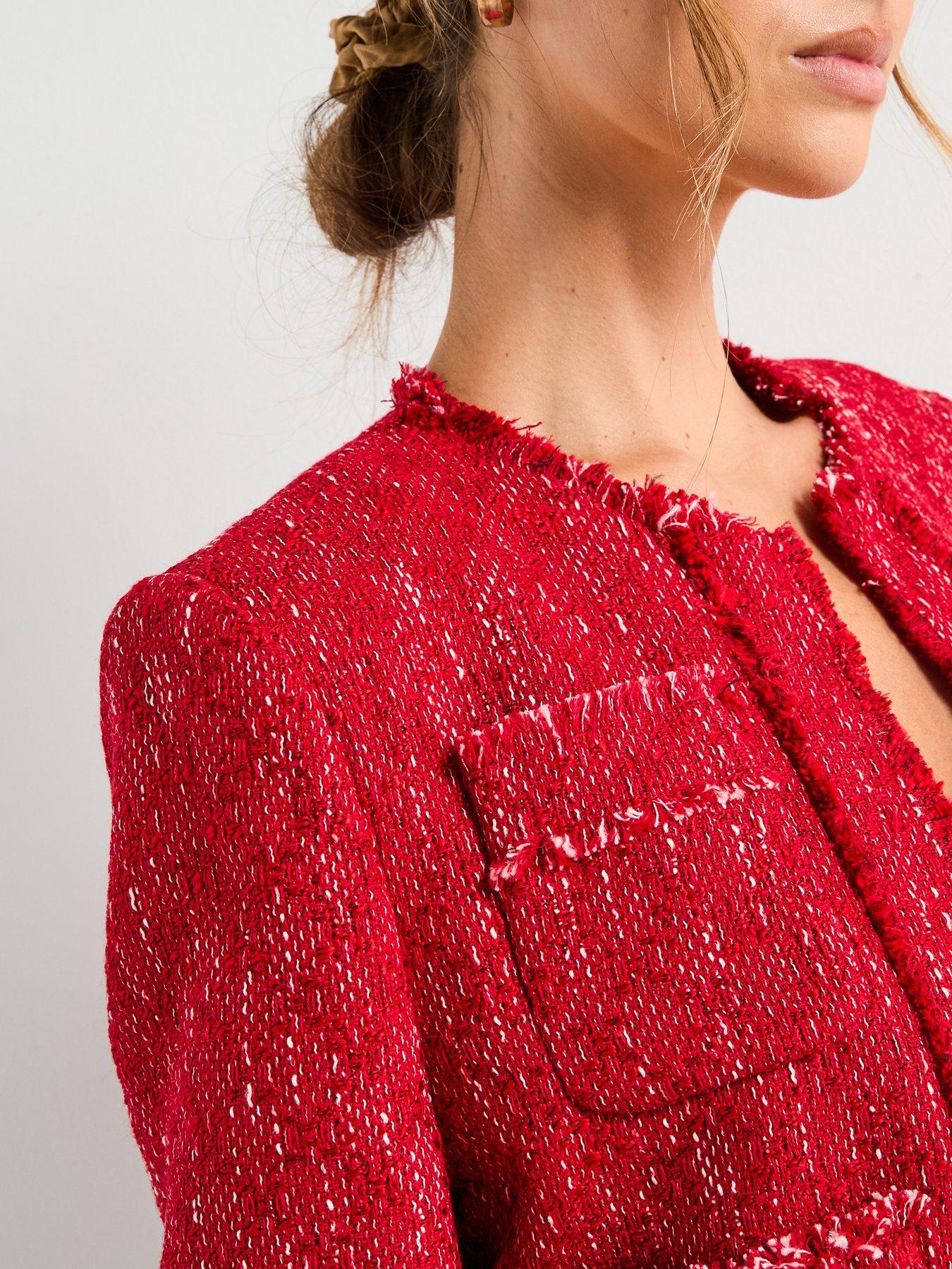 Mango Tweed Jacket With Frayed Ends - Red | Very