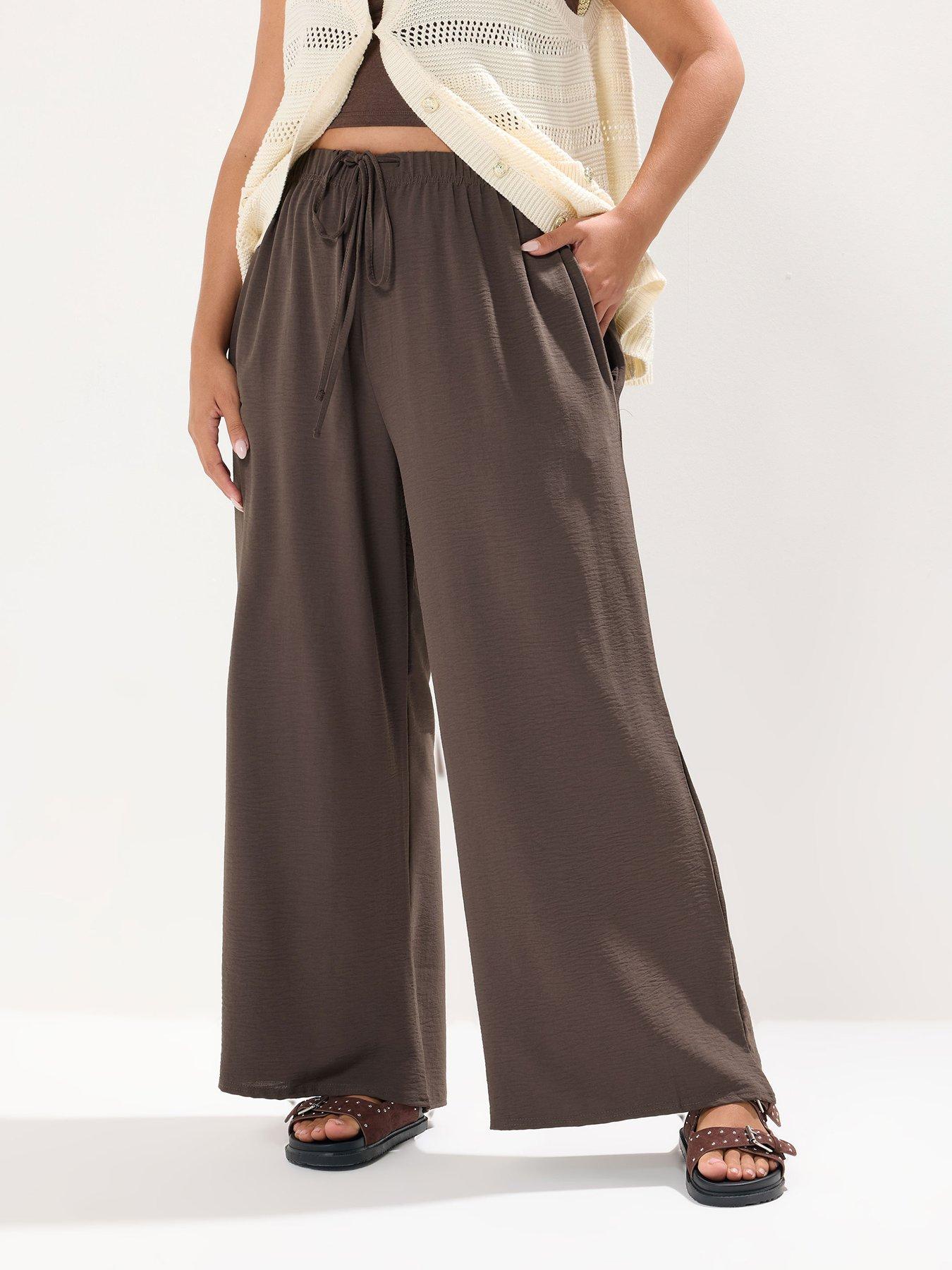 Yours Curve Washed Twill Wide Leg Trouser - Brown | Very
