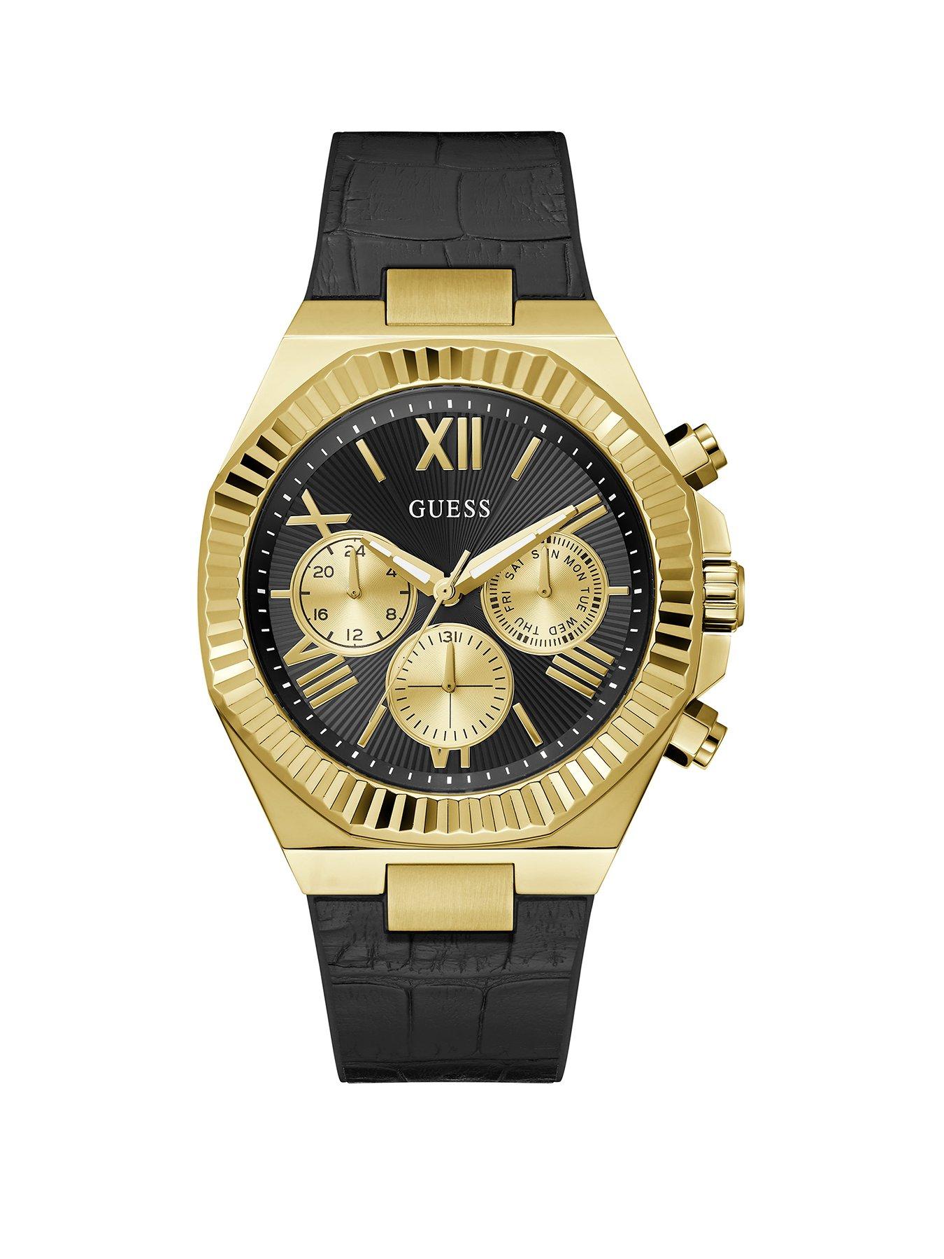 Guess gold tone Gents watch with black and gold dial and black croco ...