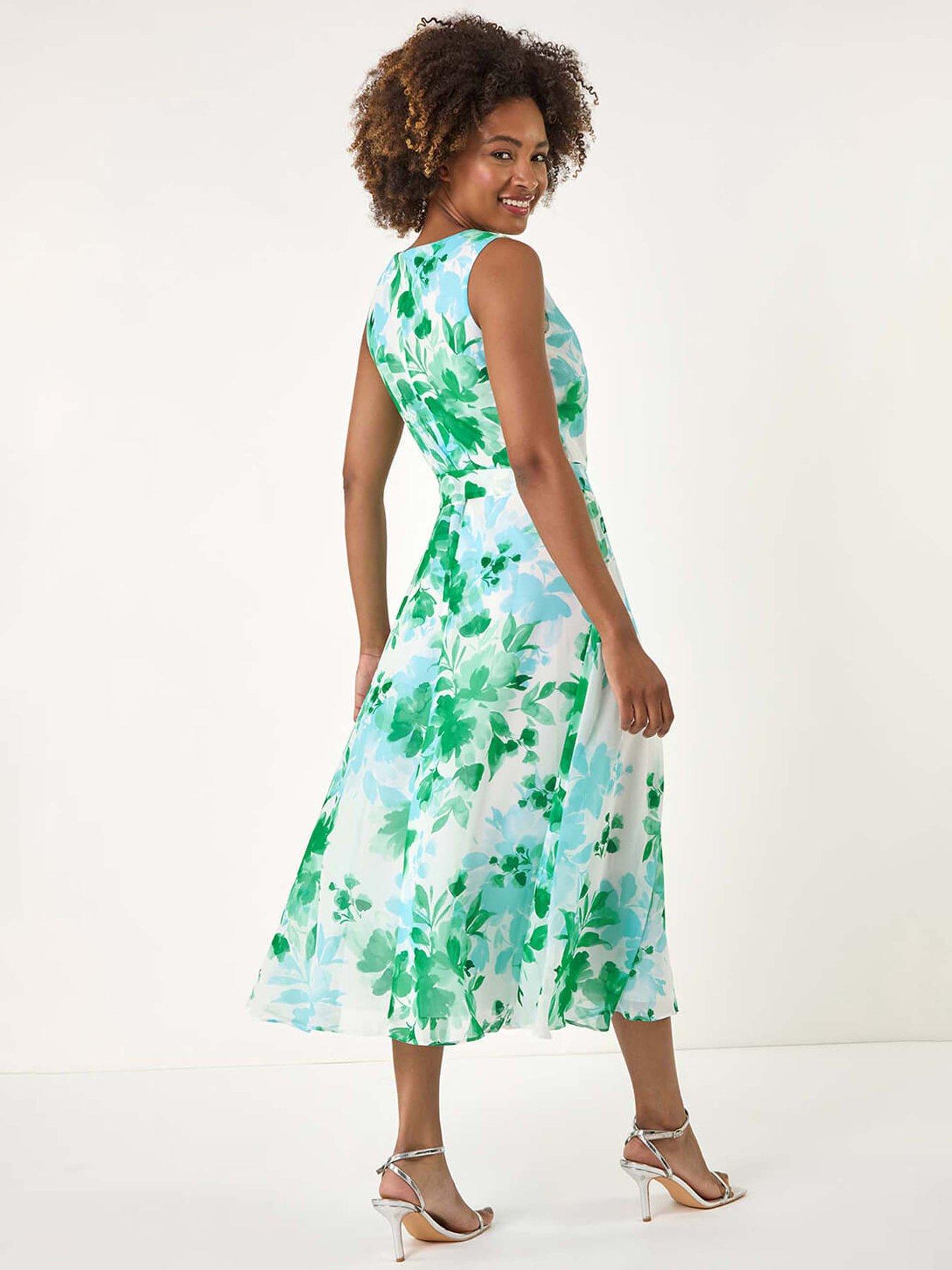Roman Floral Pleated Neck Midi Dress - Green | Very