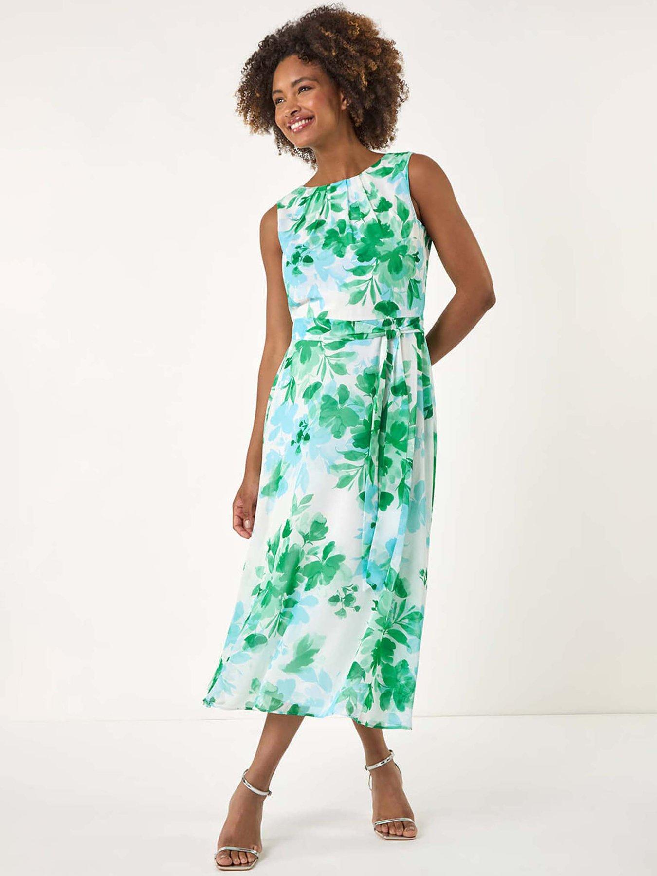 Roman Floral Pleated Neck Midi Dress - Green | Very