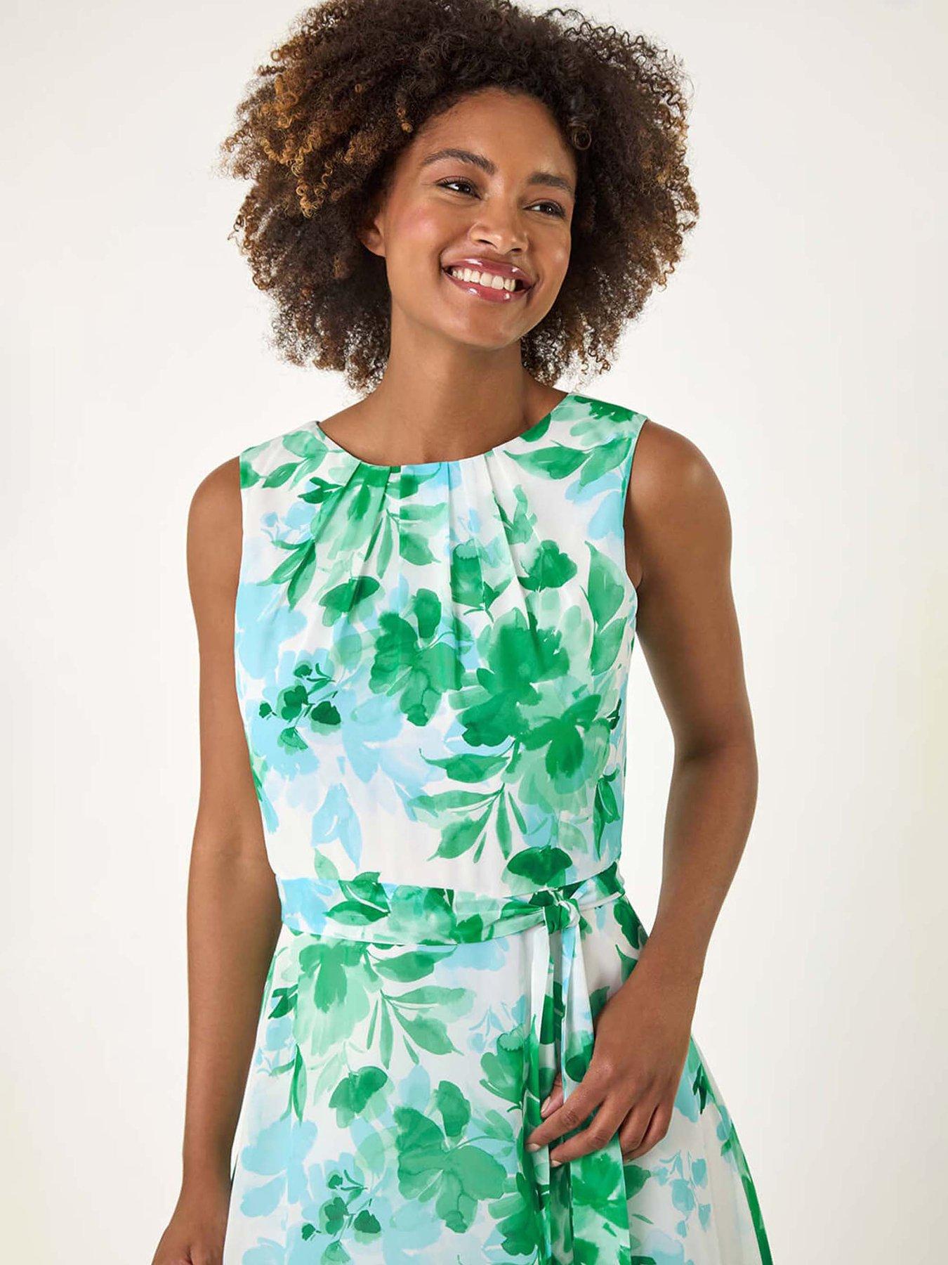 Roman Floral Pleated Neck Midi Dress - Green | Very