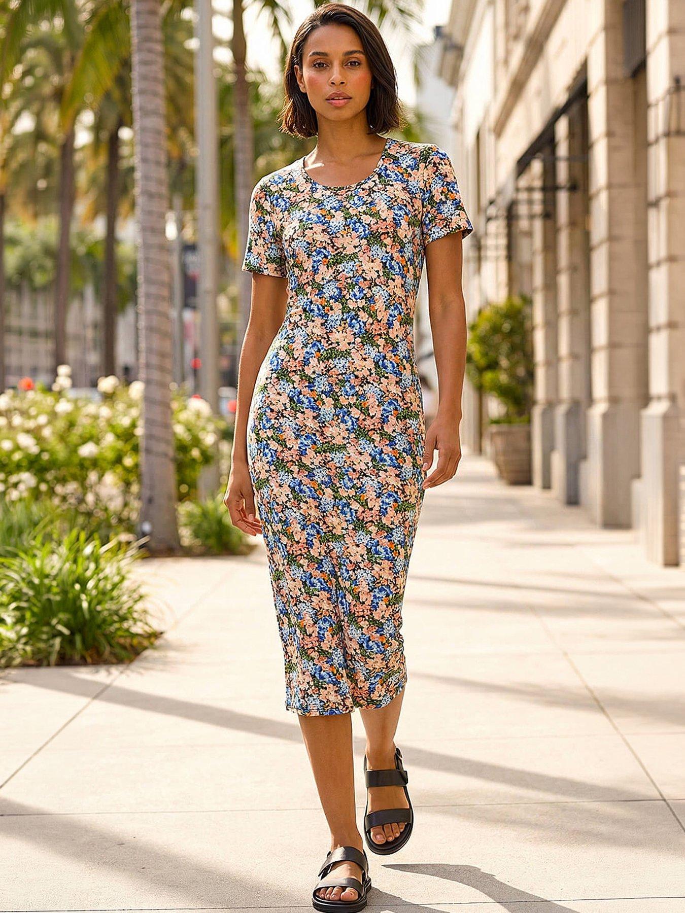 Roman Dusk Floral Print Stretch Midi Dress - Blue | Very