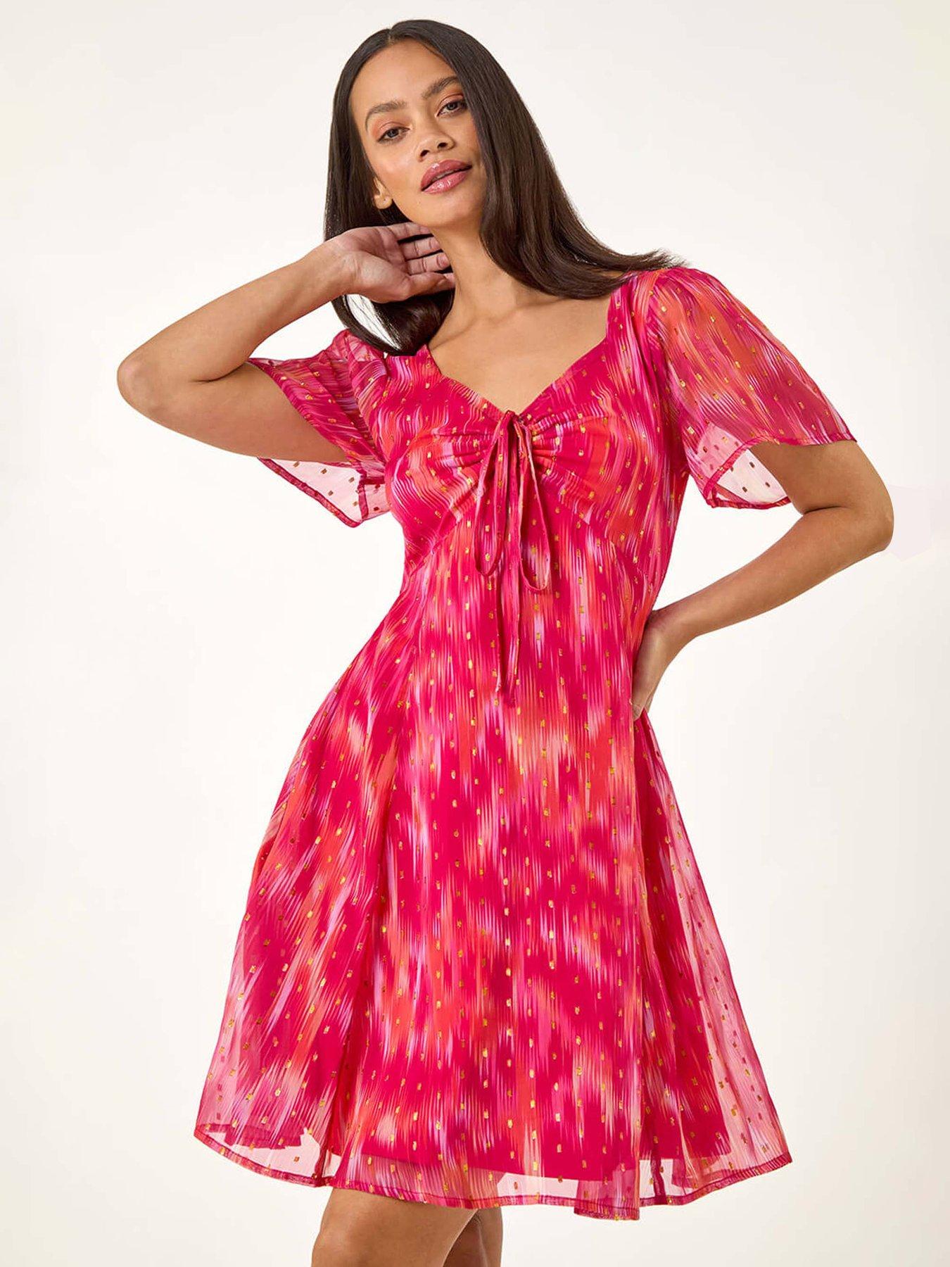 Roman Dusk Blurred Foil Print Dress - Red | Very