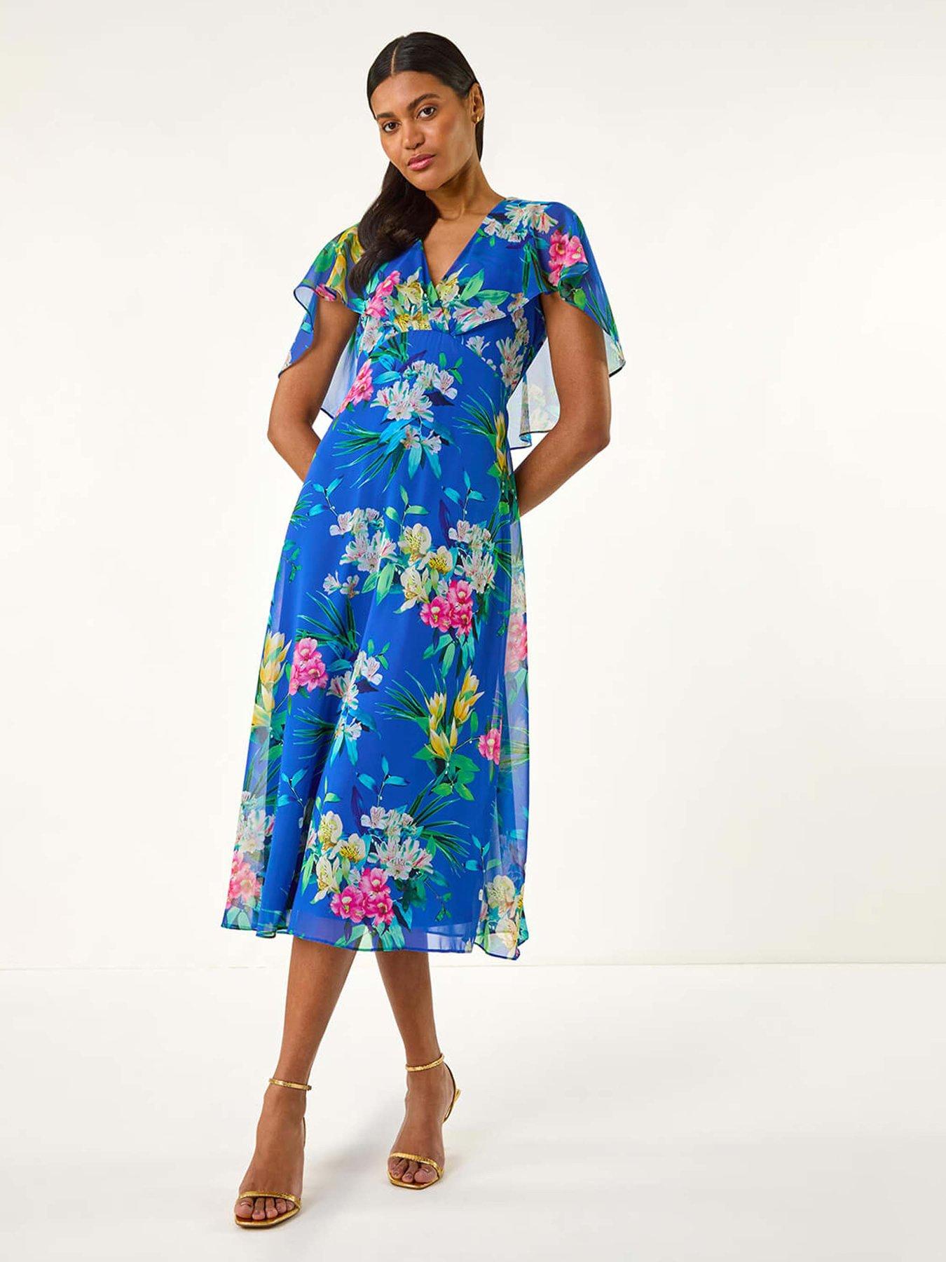 Roman Floral Chiffon Back Cape Dress - Blue | Very