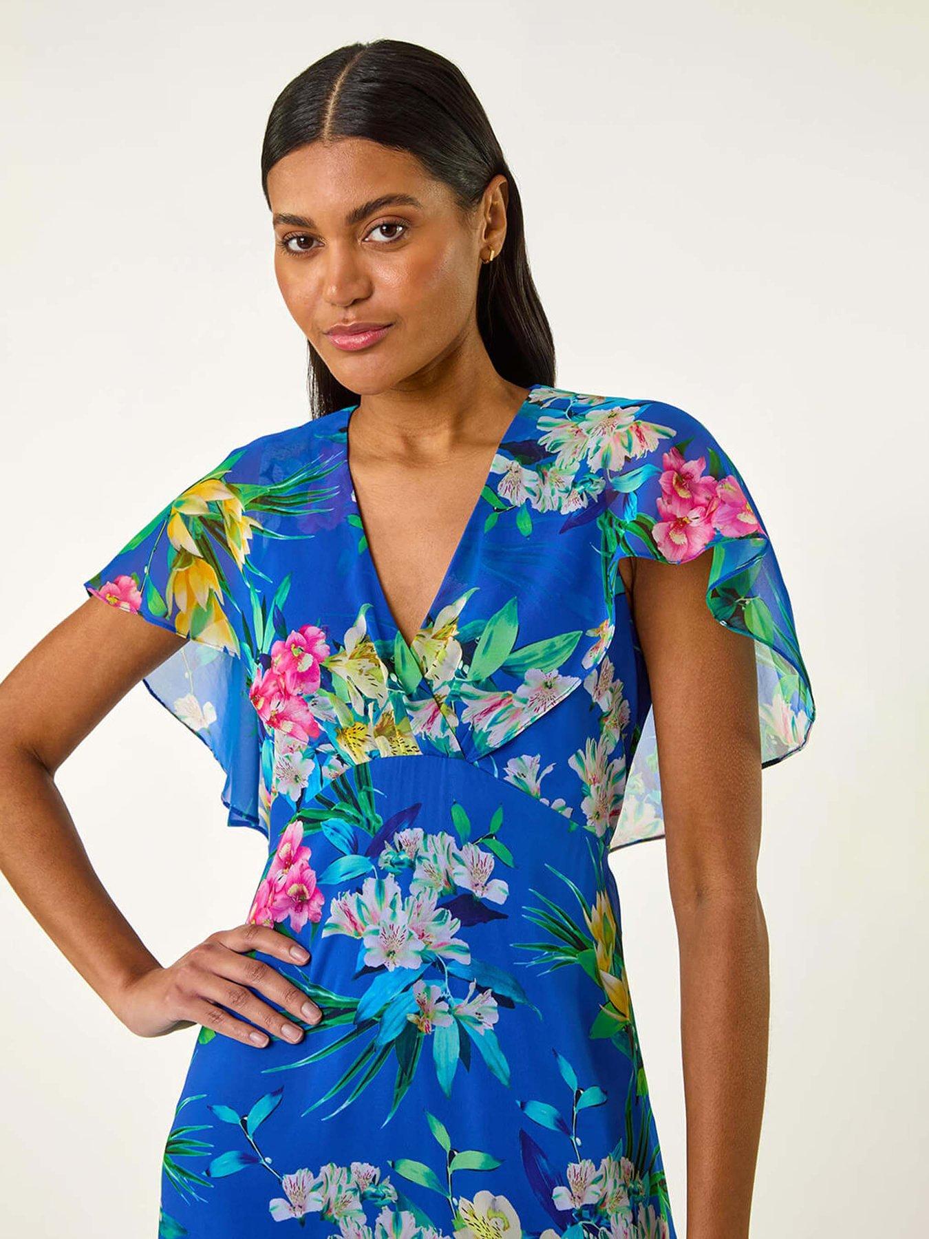 Roman Floral Chiffon Back Cape Dress - Blue | Very