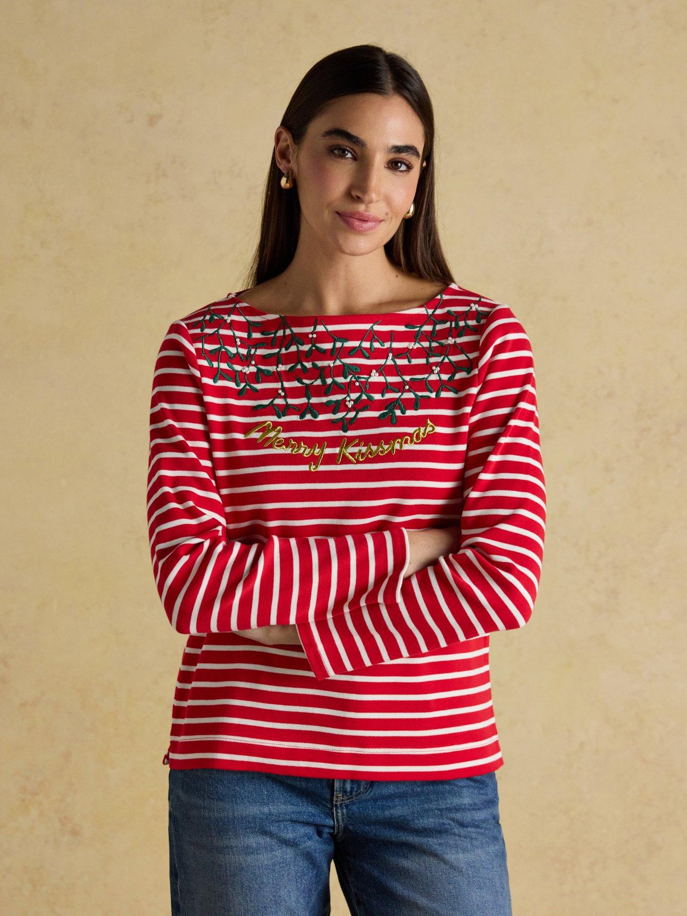 Joules Boat Neck Christmas Breton Top - Red/Cream | Very