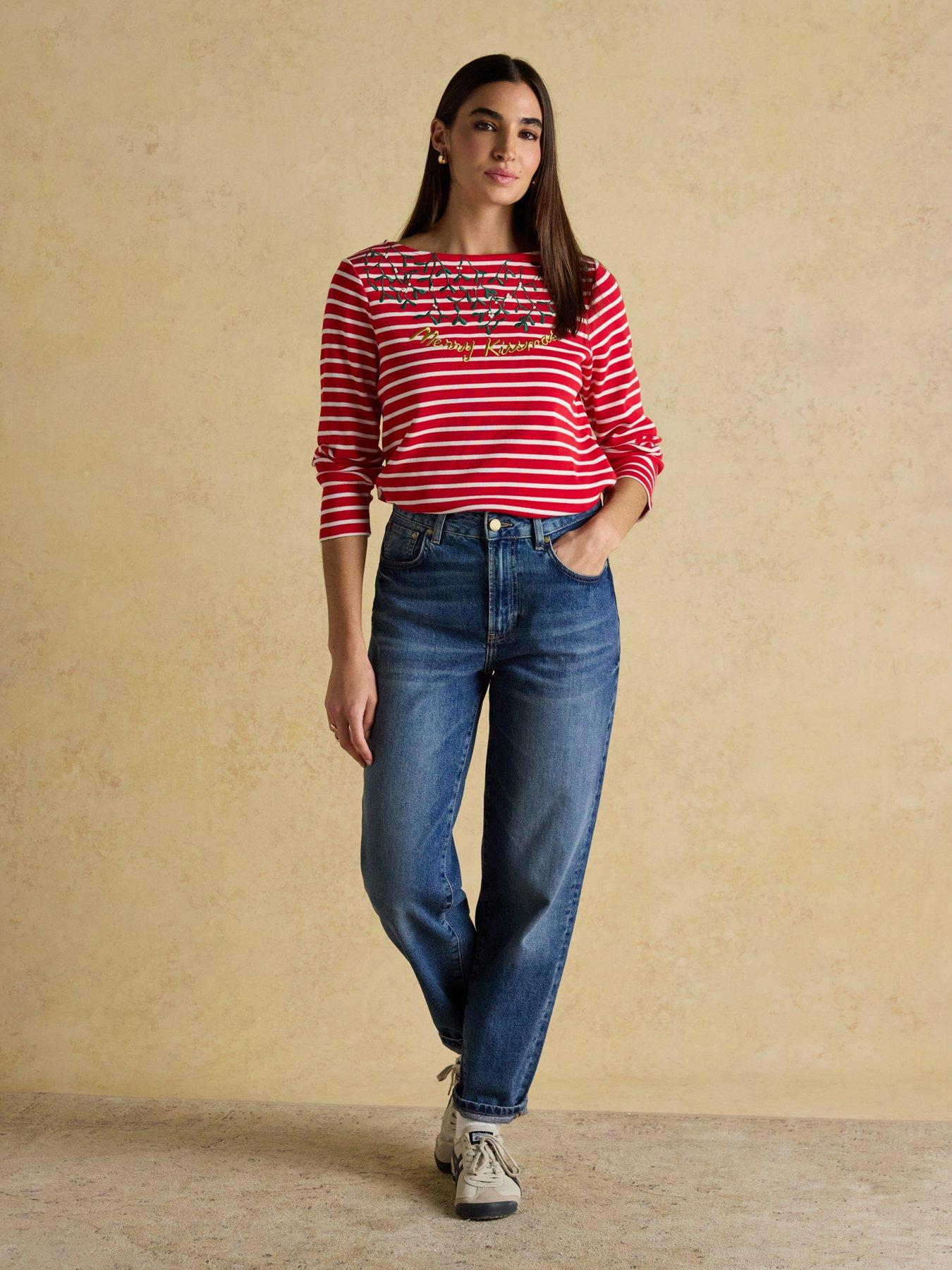 Joules Boat Neck Christmas Breton Top - Red/Cream | Very