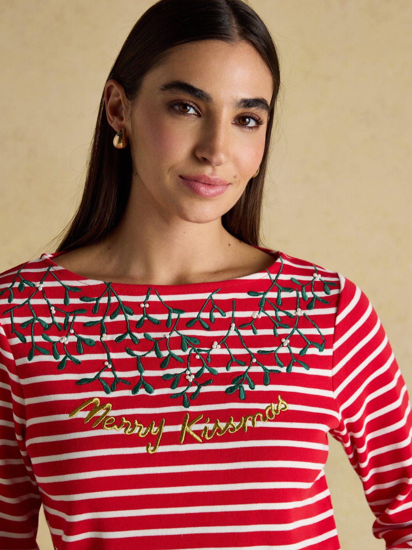 Joules Boat Neck Christmas Breton Top - Red/Cream | Very
