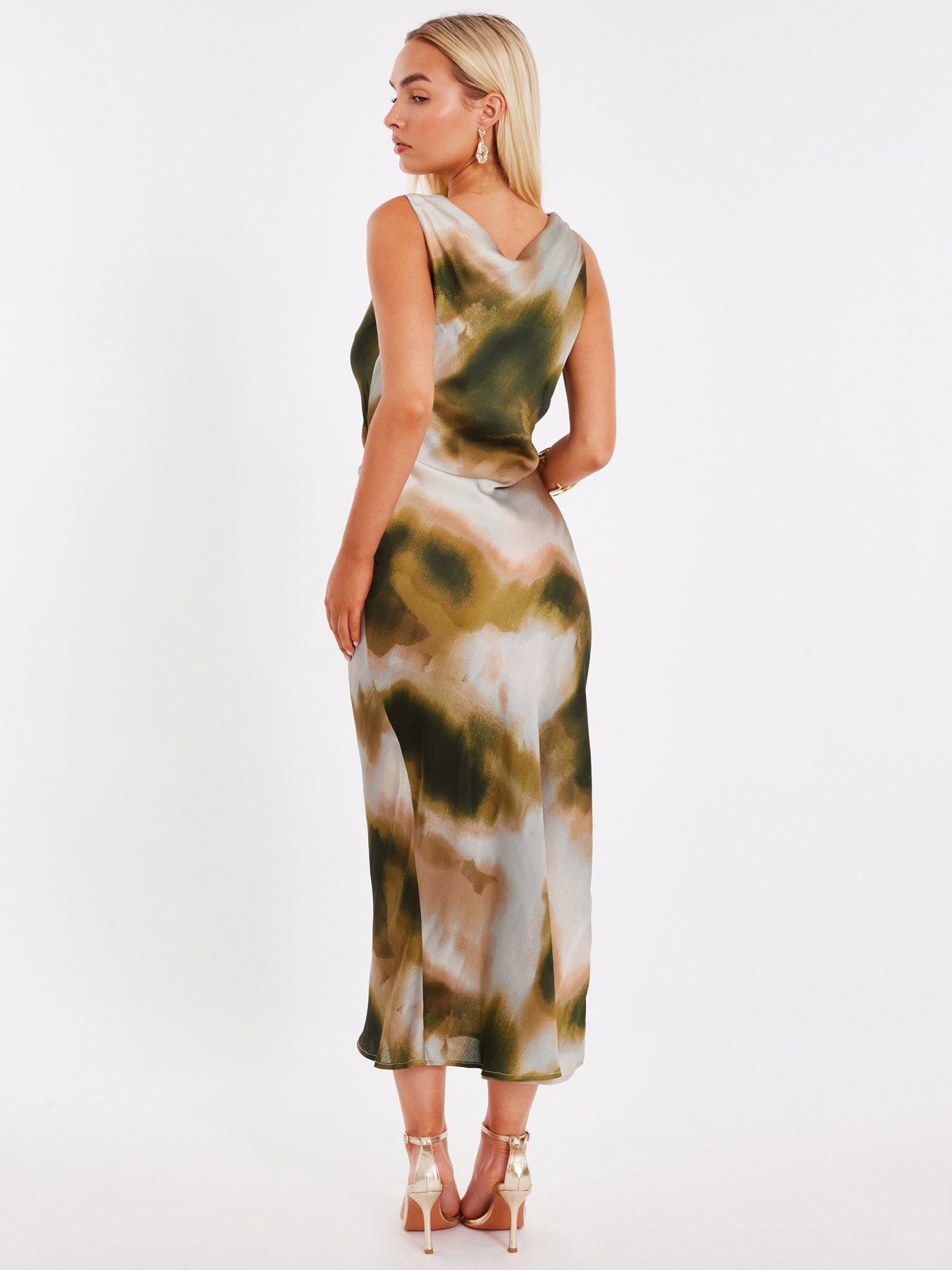 Quiz Khaki Satin Tie Dye Midaxi Dress | Very