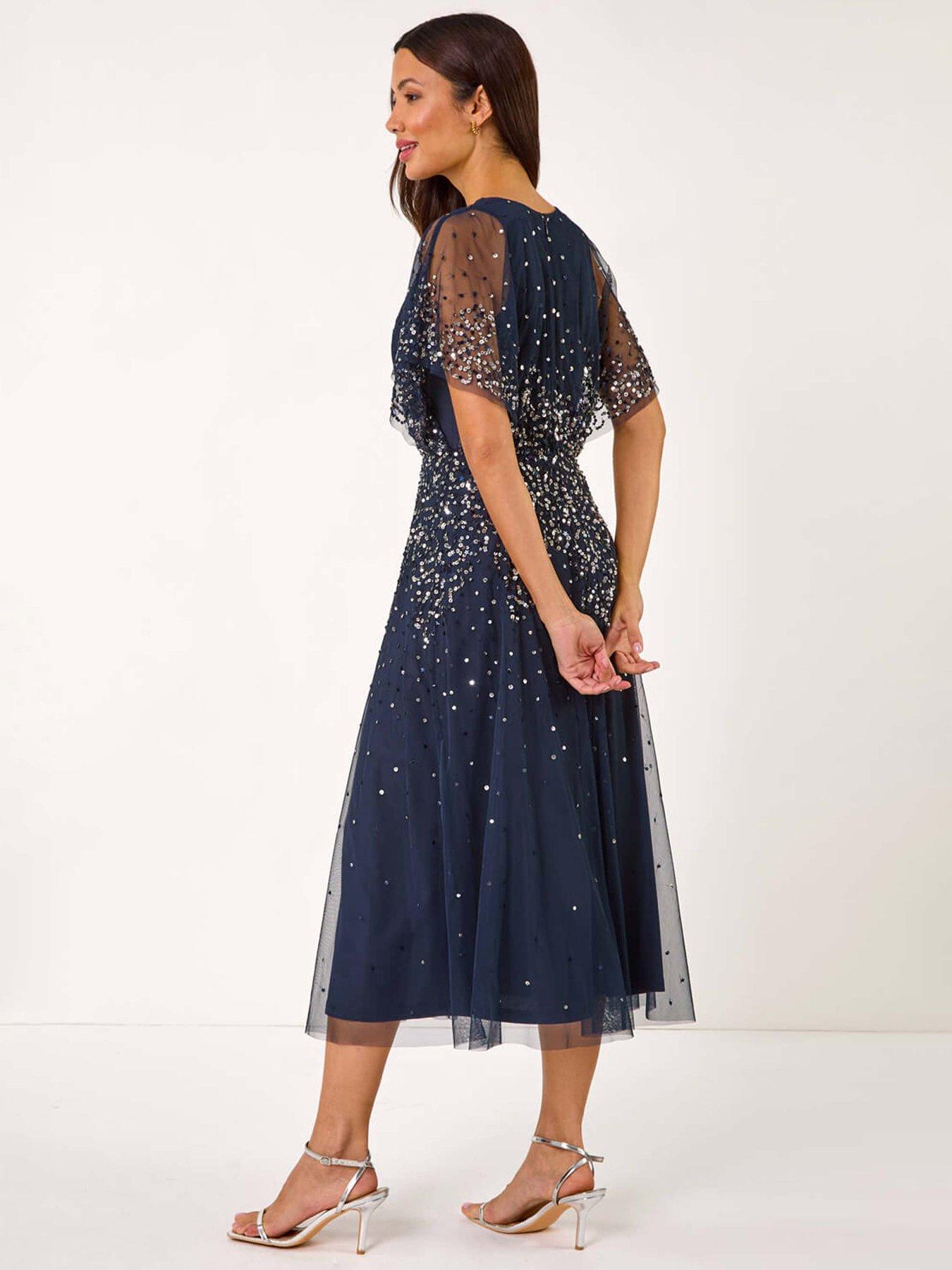 Roman Embellished Angel Sleeve Midi Dress - Navy | Very