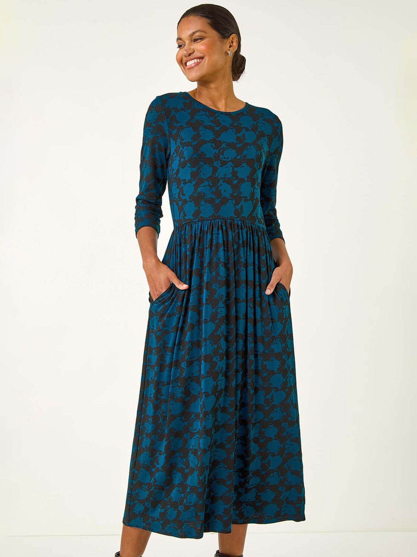 Roman Abstract Print Gathered Stretch Midi Dress - Teal | Very